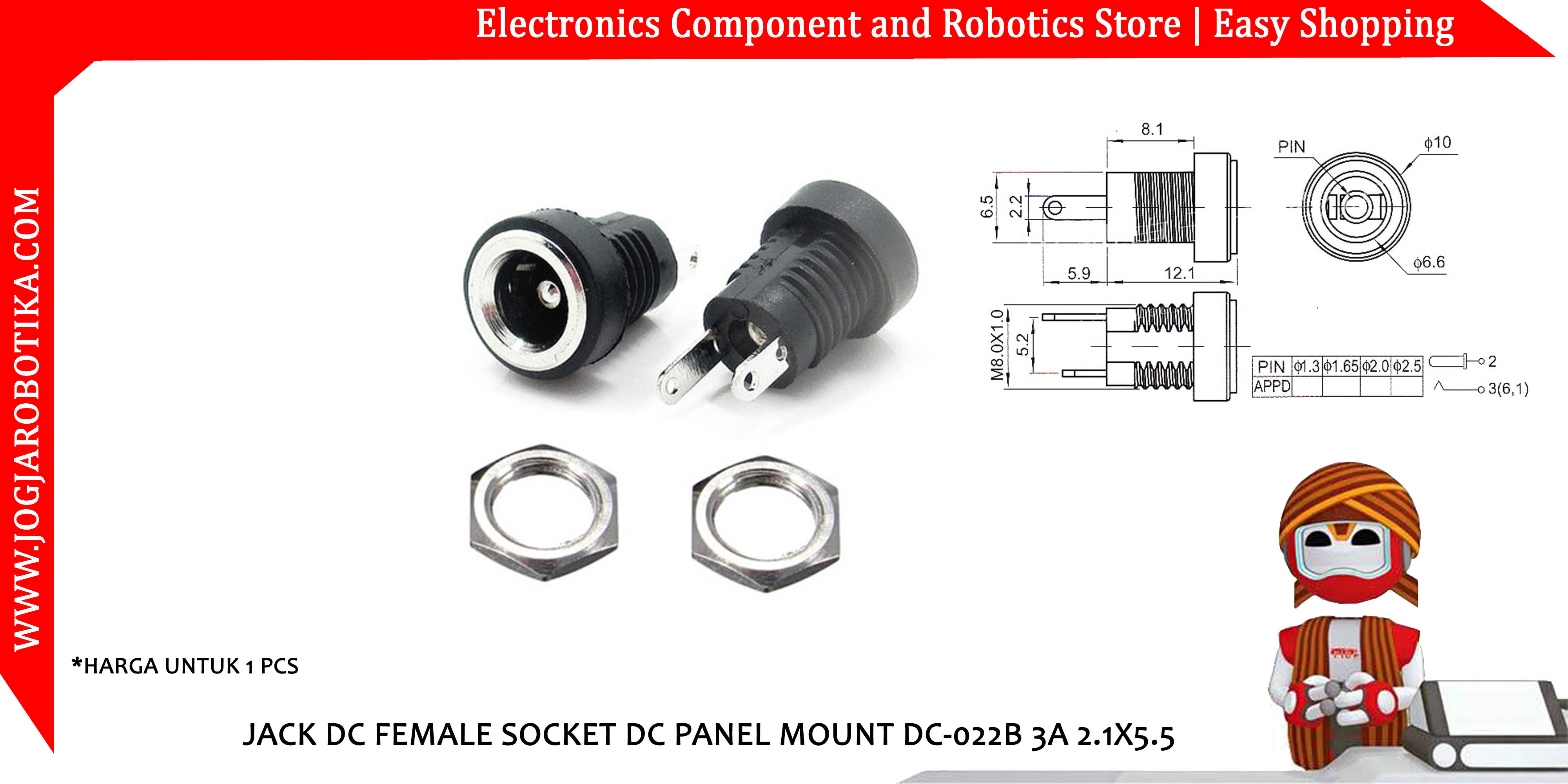 Jack Dc Female Socket Dc Panel Mount Dc 022b 3a 2 1x5 5