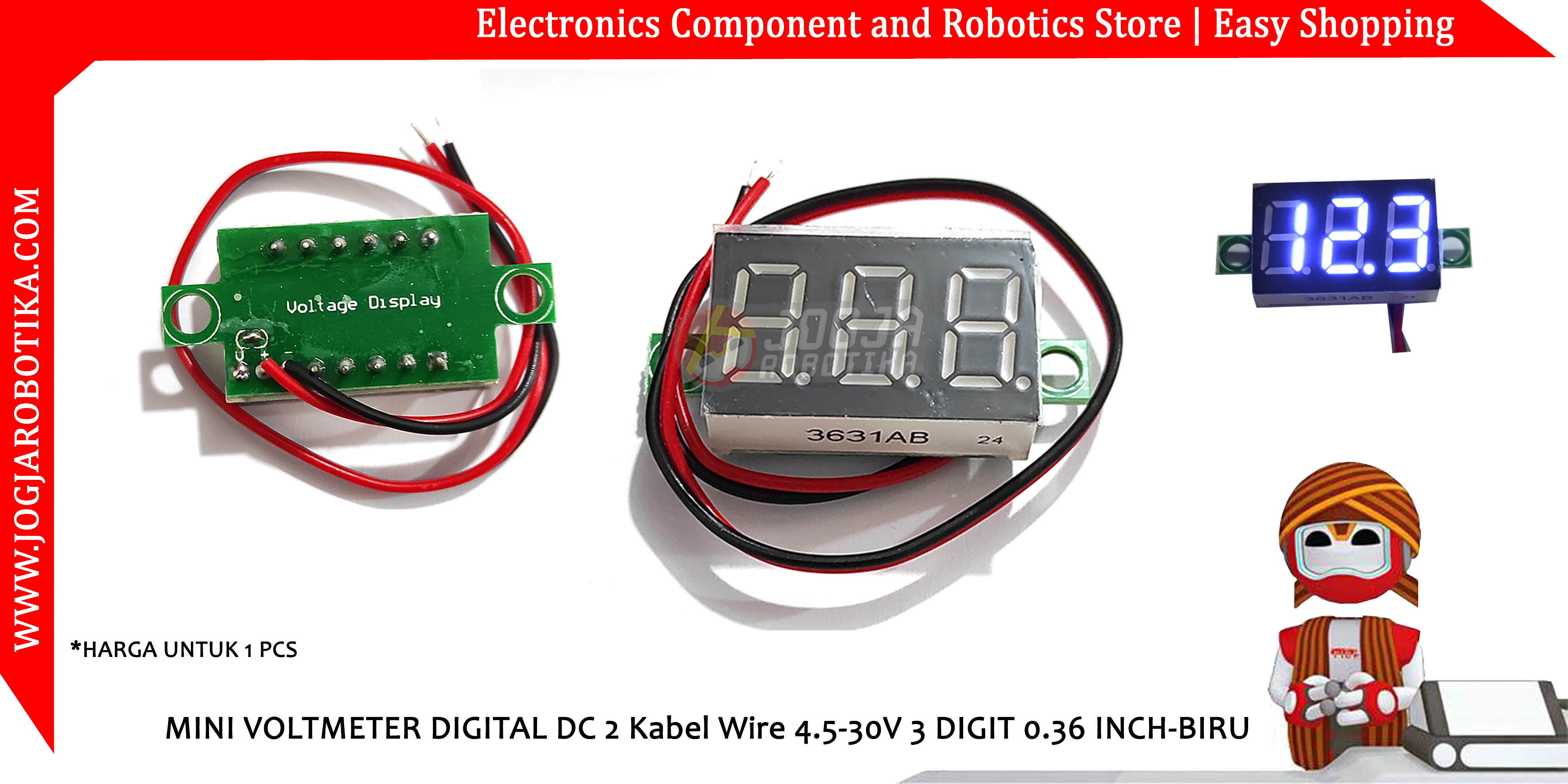 MINI VOLTMETER DIGITAL DC 2 Kabel Wire 4.5-30V 3 DIGIT 0.36 INCH-BIRU