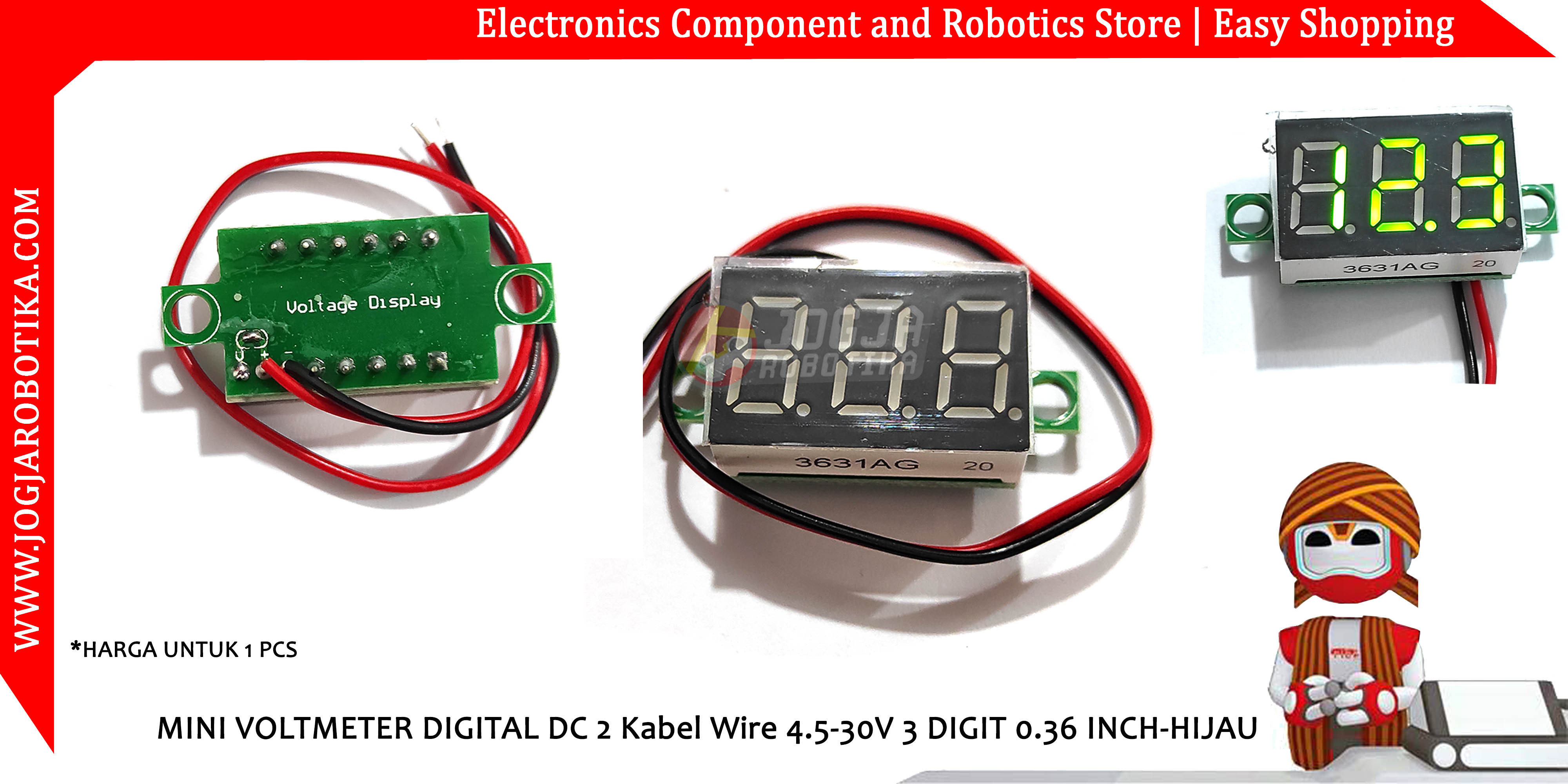 MINI VOLTMETER DIGITAL DC 2 Kabel Wire 4.5-30V 3 DIGIT 0.36 INCH-HIJAU