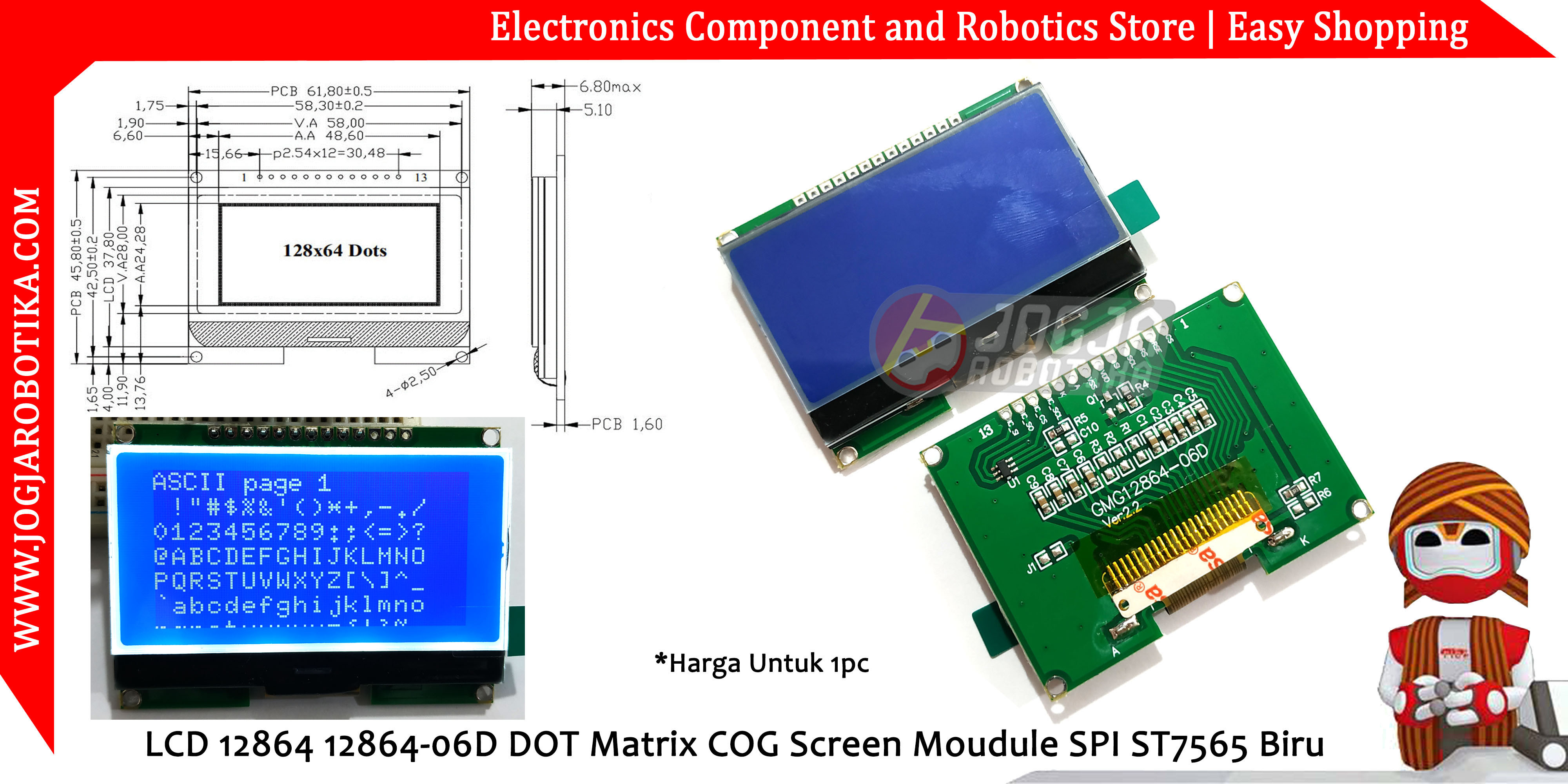 LCD 12864 12864-06D DOT Matrix COG Screen Module SPI ST7565 Biru