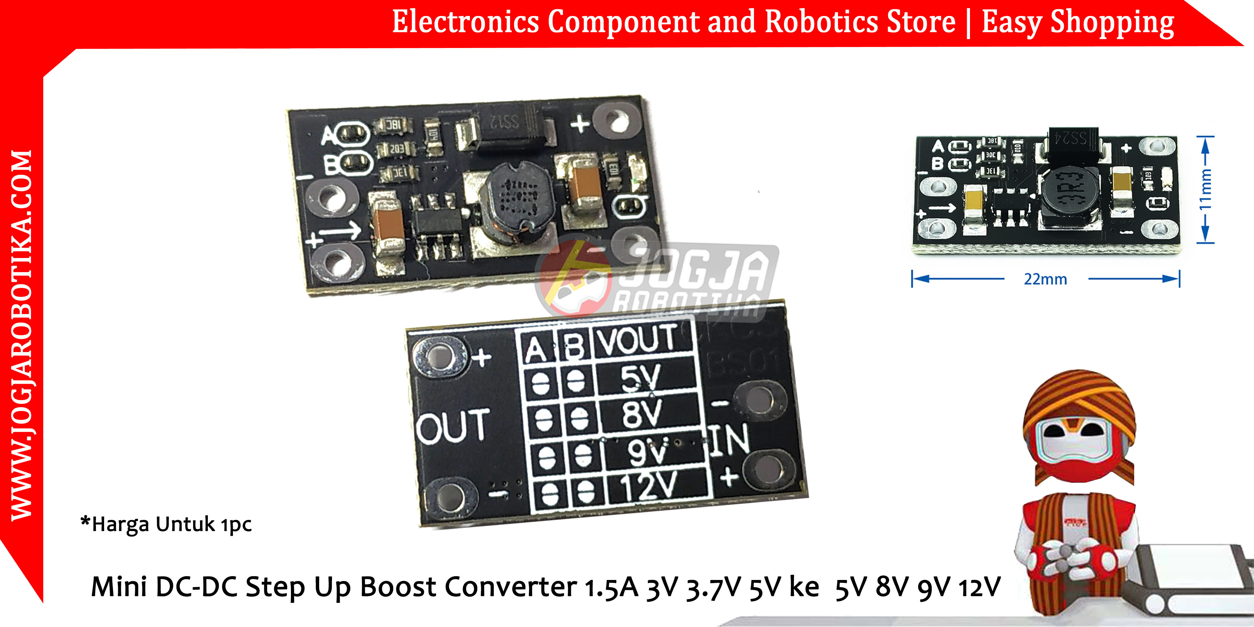 Mini DC-DC Step Up Boost Converter 1.5A 3V 3.7V 5V ke 5V 8V 9V 12V