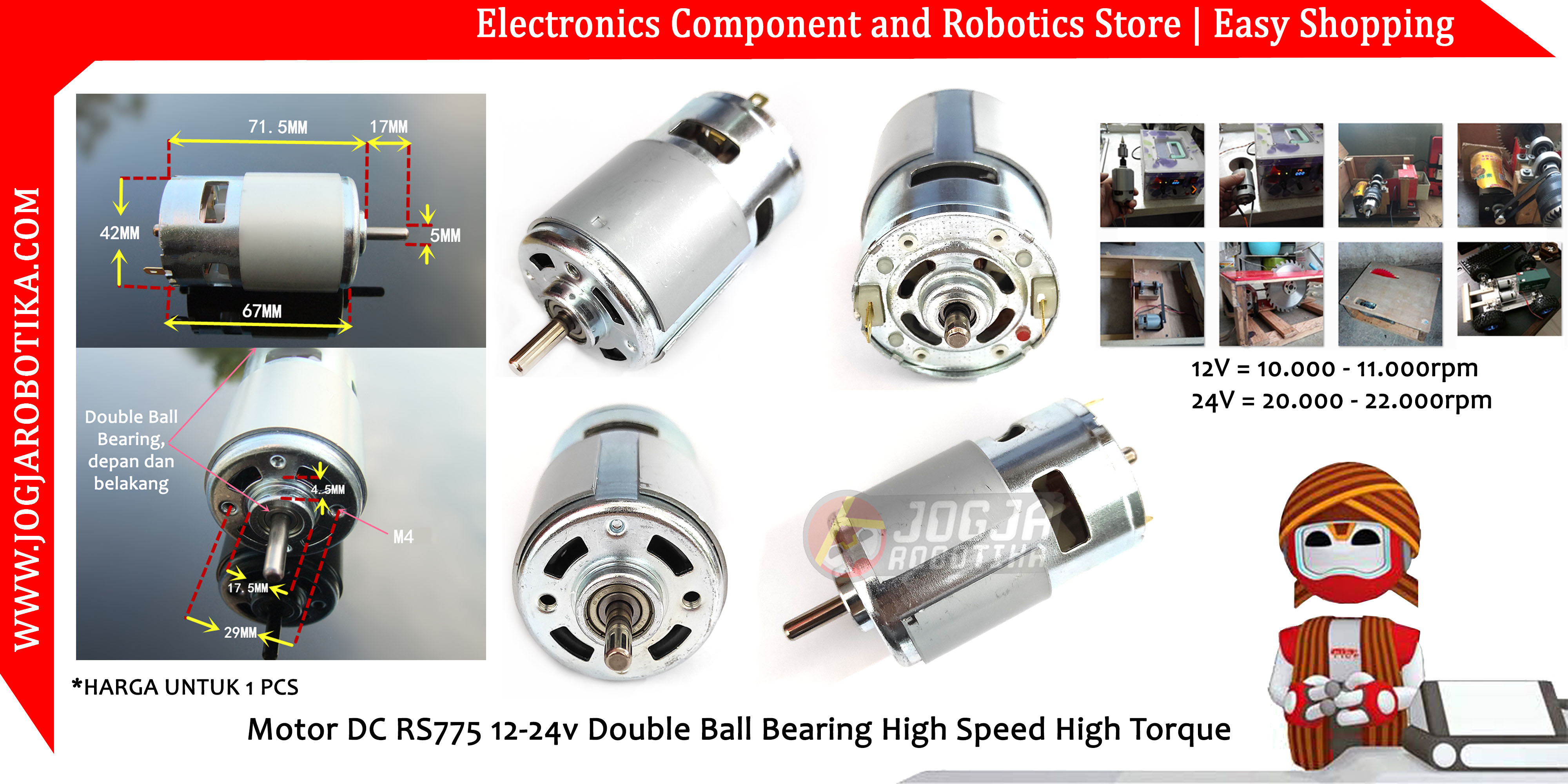 Motor DC RS775 12-24v Double Ball Bearing High Speed High Torque