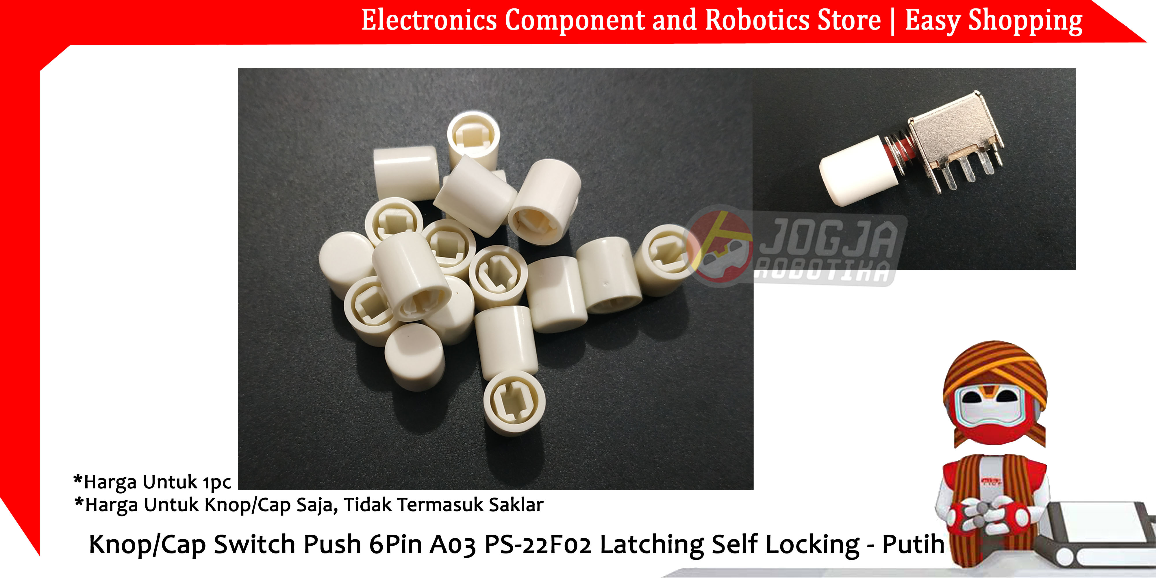 Knop/Cap Switch Push 6Pin A03 PS-22F02 Latching Self Locking - Putih
