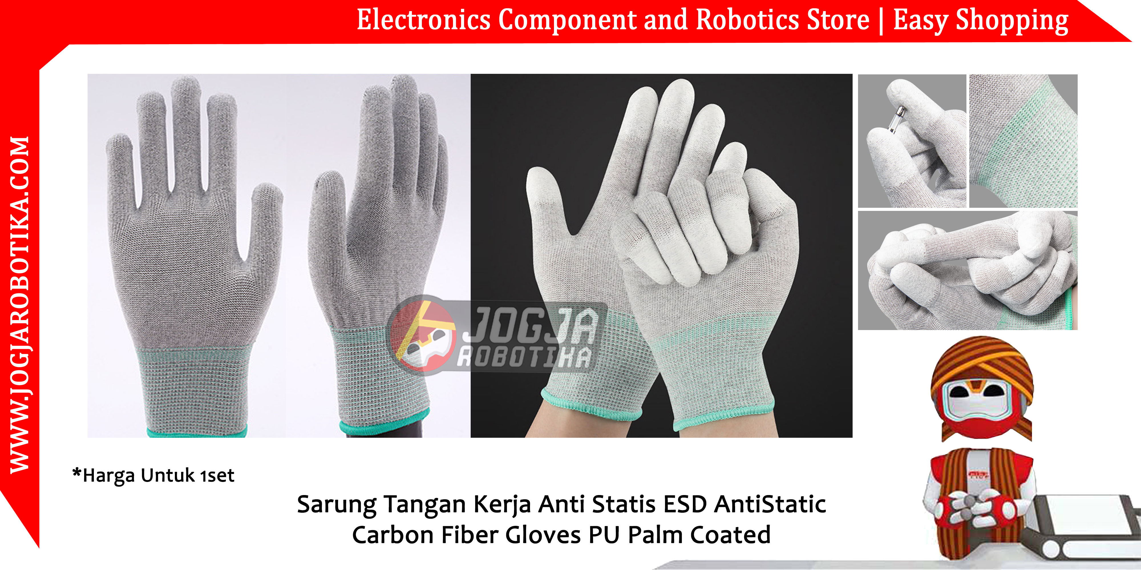 Sarung Tangan Kerja Anti Statis ESD AntiStatic Carbon Fiber Gloves PU Palm Coated Size M