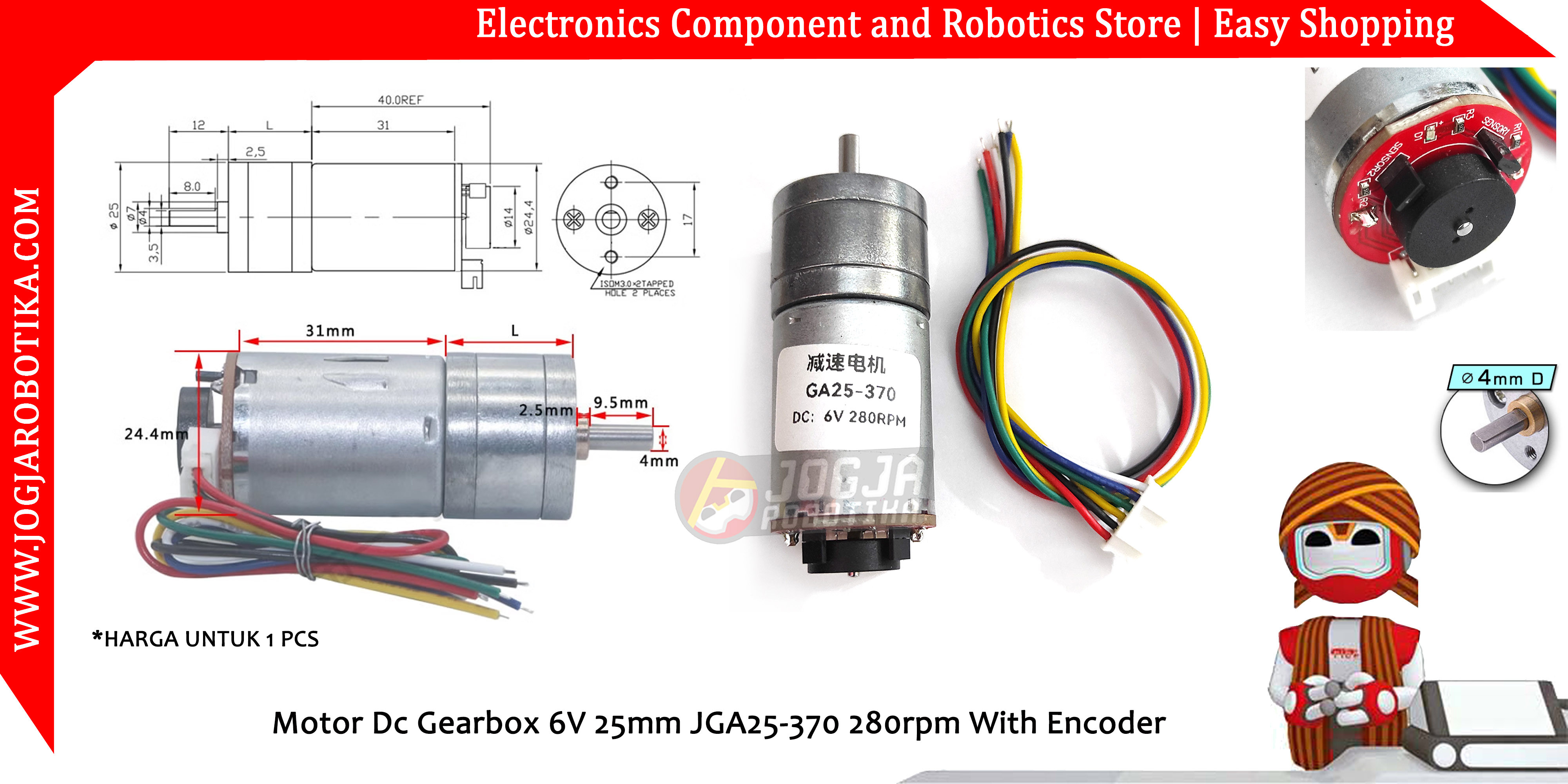 Motor Dc Gearbox 6V 25mm JGA25-370 280rpm With Encoder