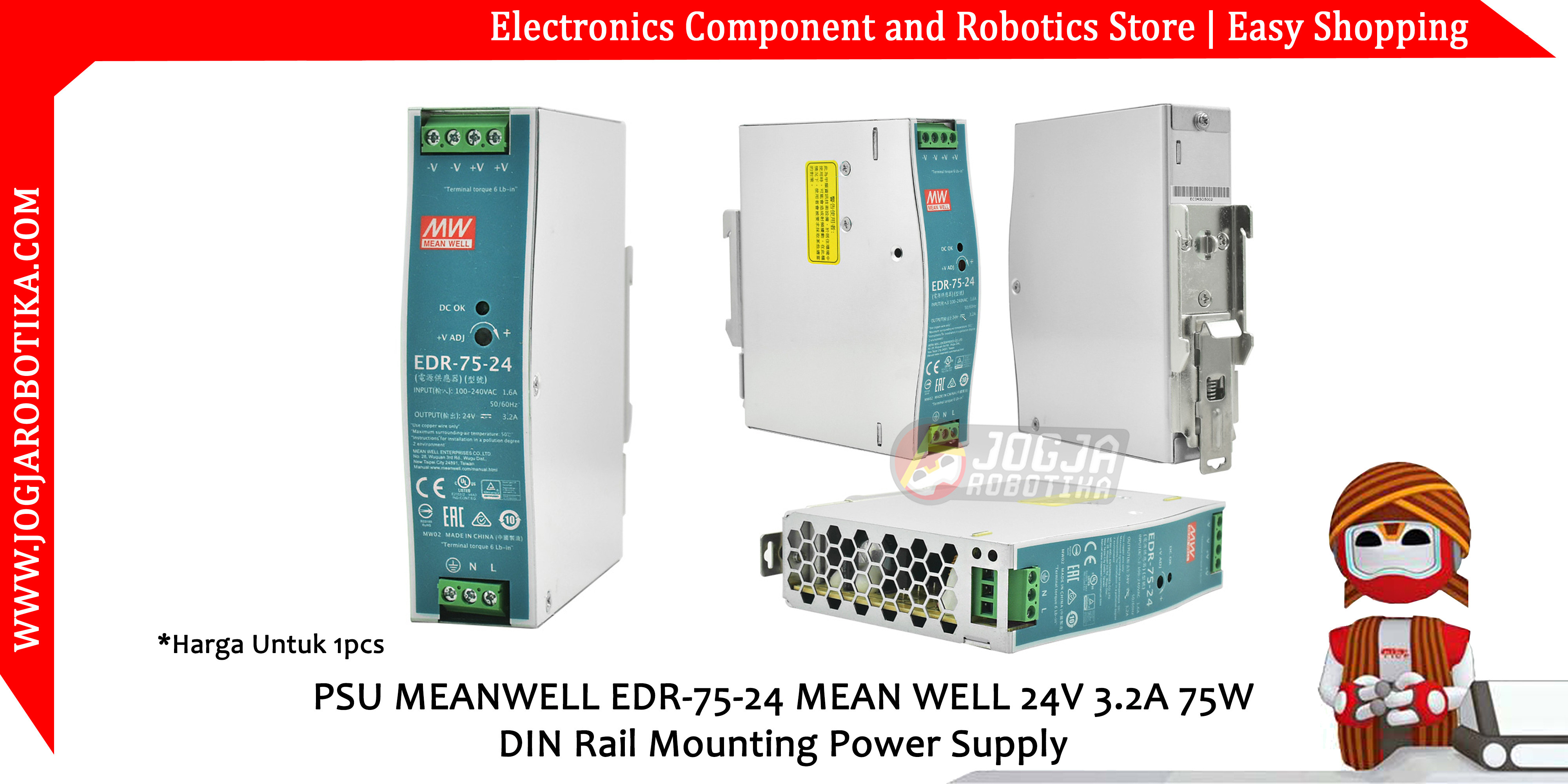 PSU MEANWELL EDR-75-24 MEAN WELL 24V 3.2A 75W DIN Rail Mounting Power Supply - Toko Komponen ...