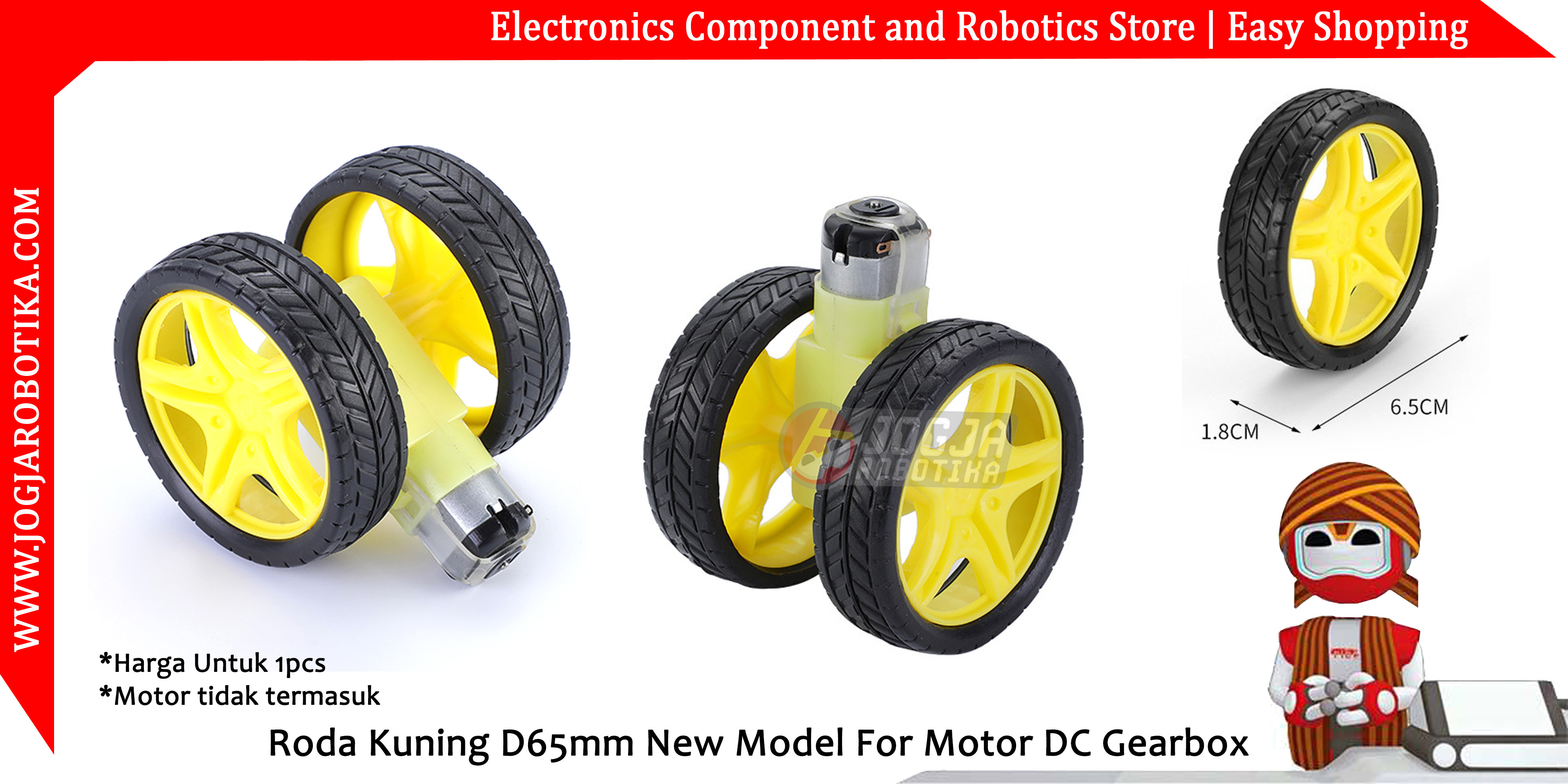 Roda Kuning D65mm New Model For Motor DC Gearbox Kuning