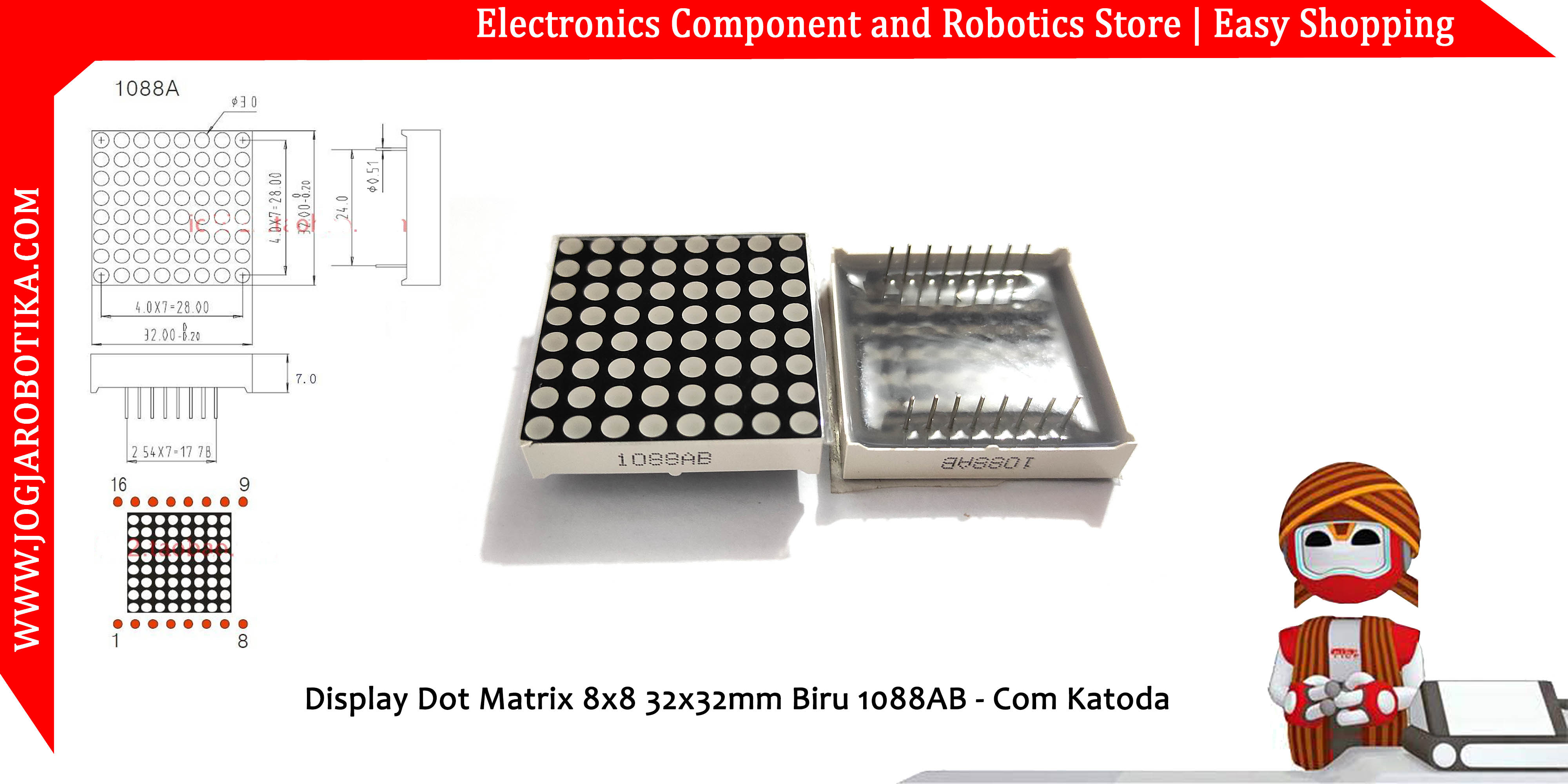 Display Dot Matrix 8x8 32x32mm Biru 1088AB - Com Katoda
