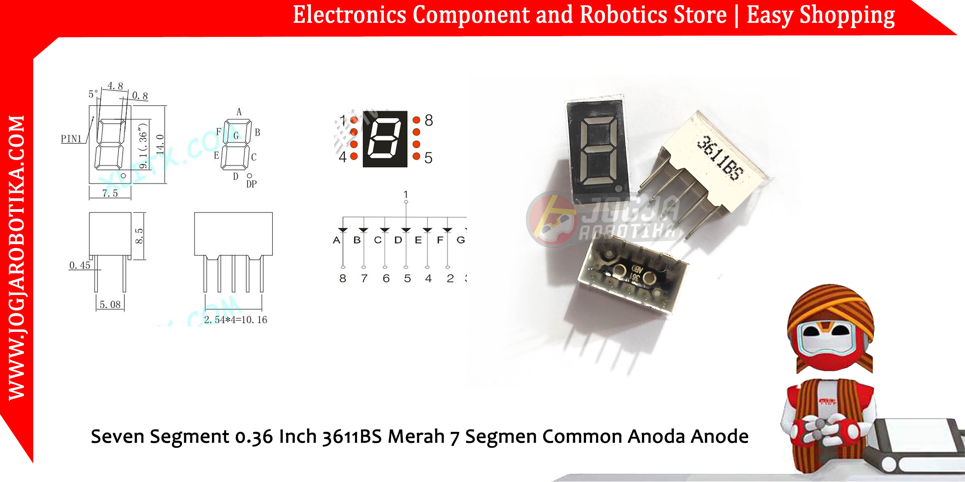 Seven Segment 0.36 Inch 3611BS Merah 7 Segmen Common Anoda Anode