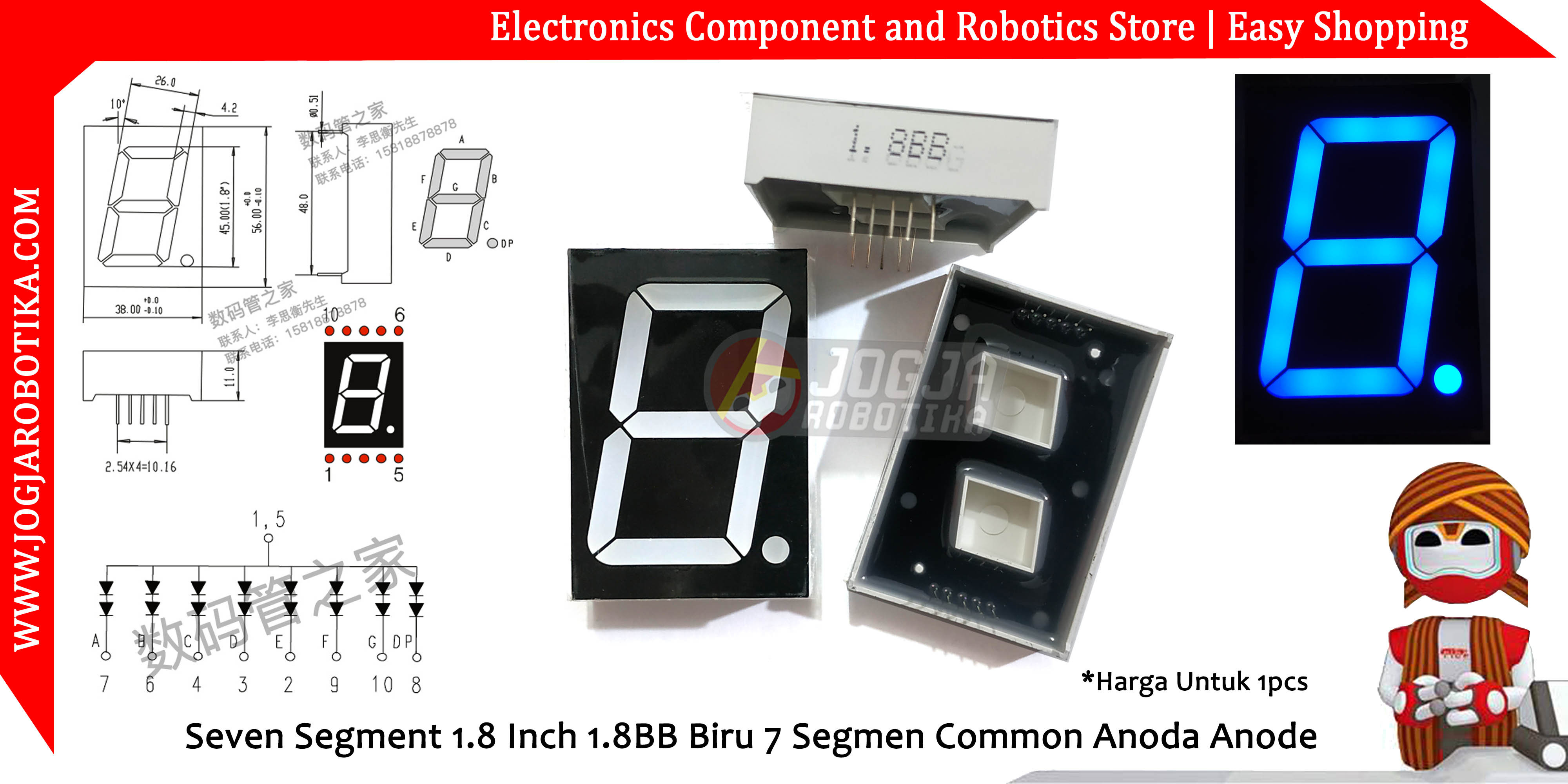 Seven Segment 1.8 Inch 1.8BB Biru 7 Segmen Common Anoda Anode