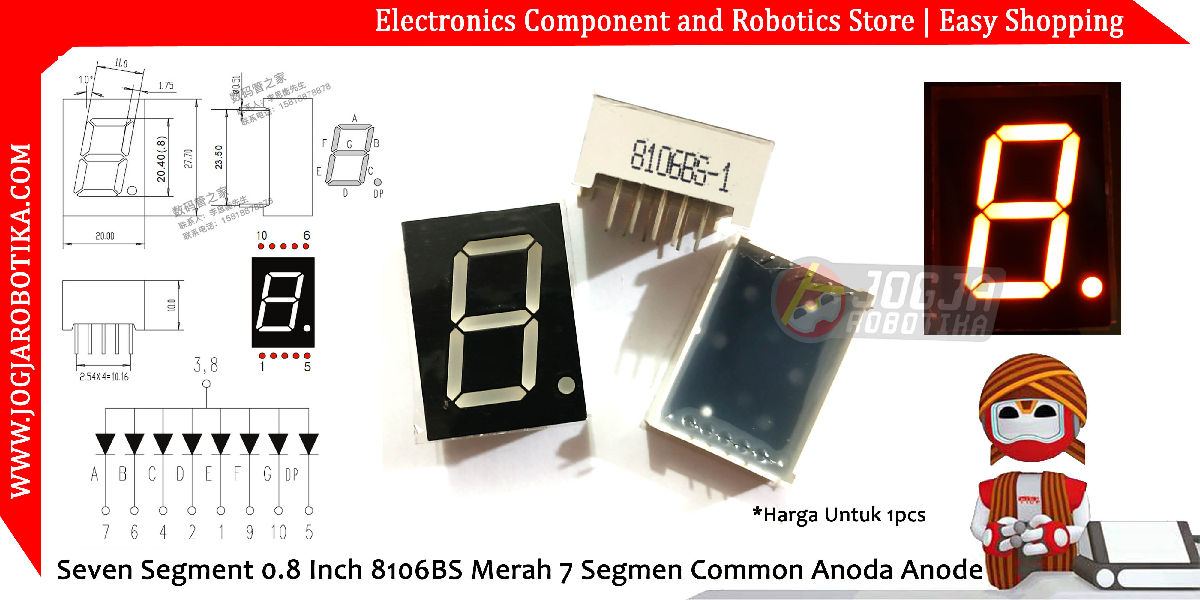 Seven Segment 0.8 Inch 8106BS Merah 7 Segmen Common Anoda Anode