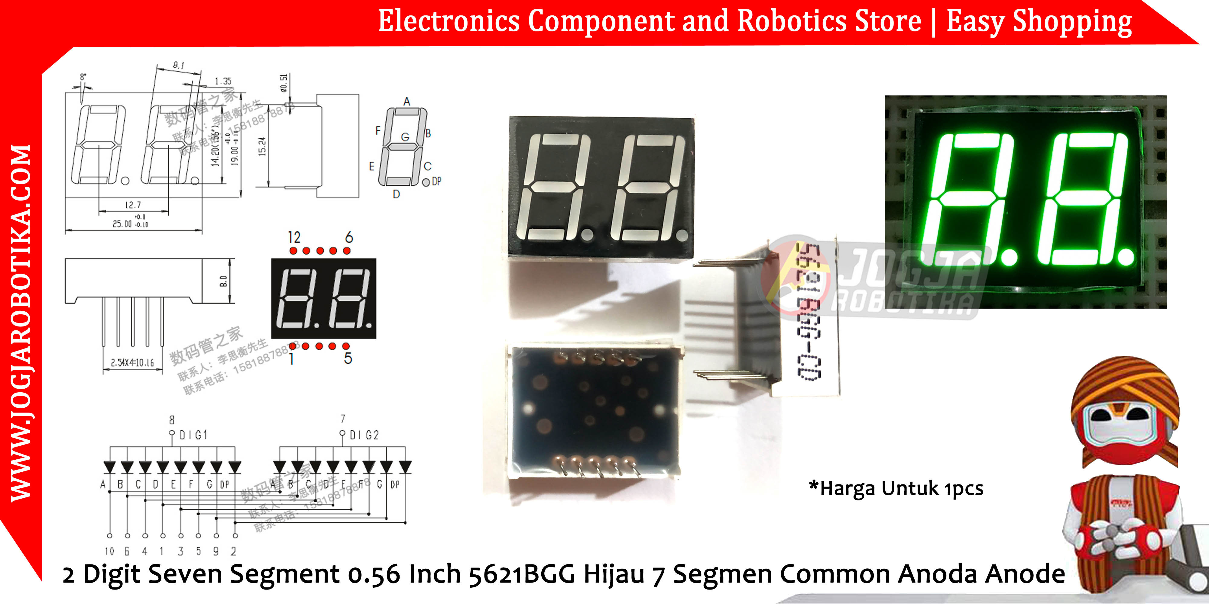 2 Digit Seven Segment 0.56 Inch 5621BGG Hijau 7 Segmen Common Anoda Anode
