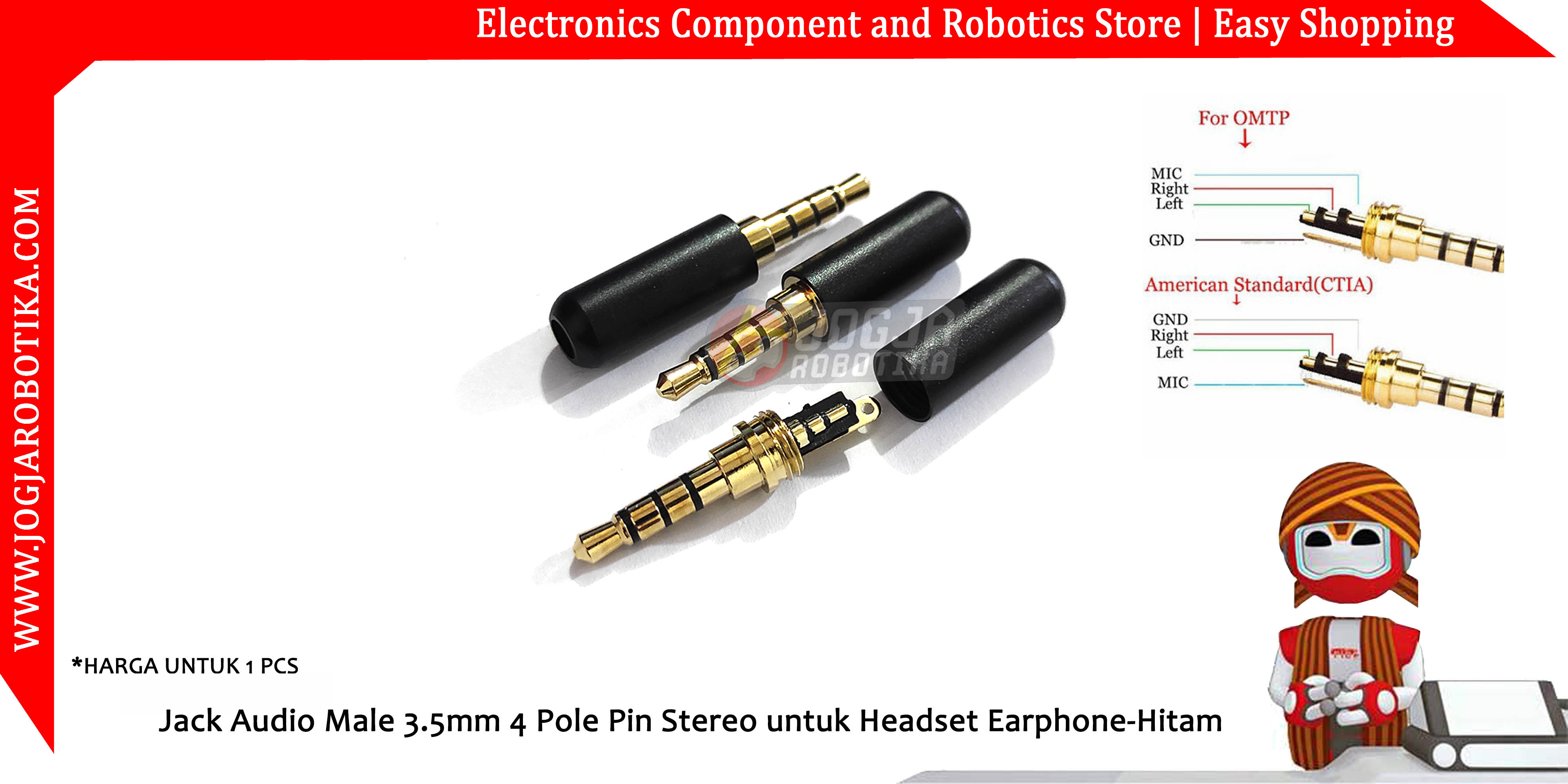 Jack Audio Male 3.5mm 4 Pole Pin Stereo untuk Headset Earphone-Hitam