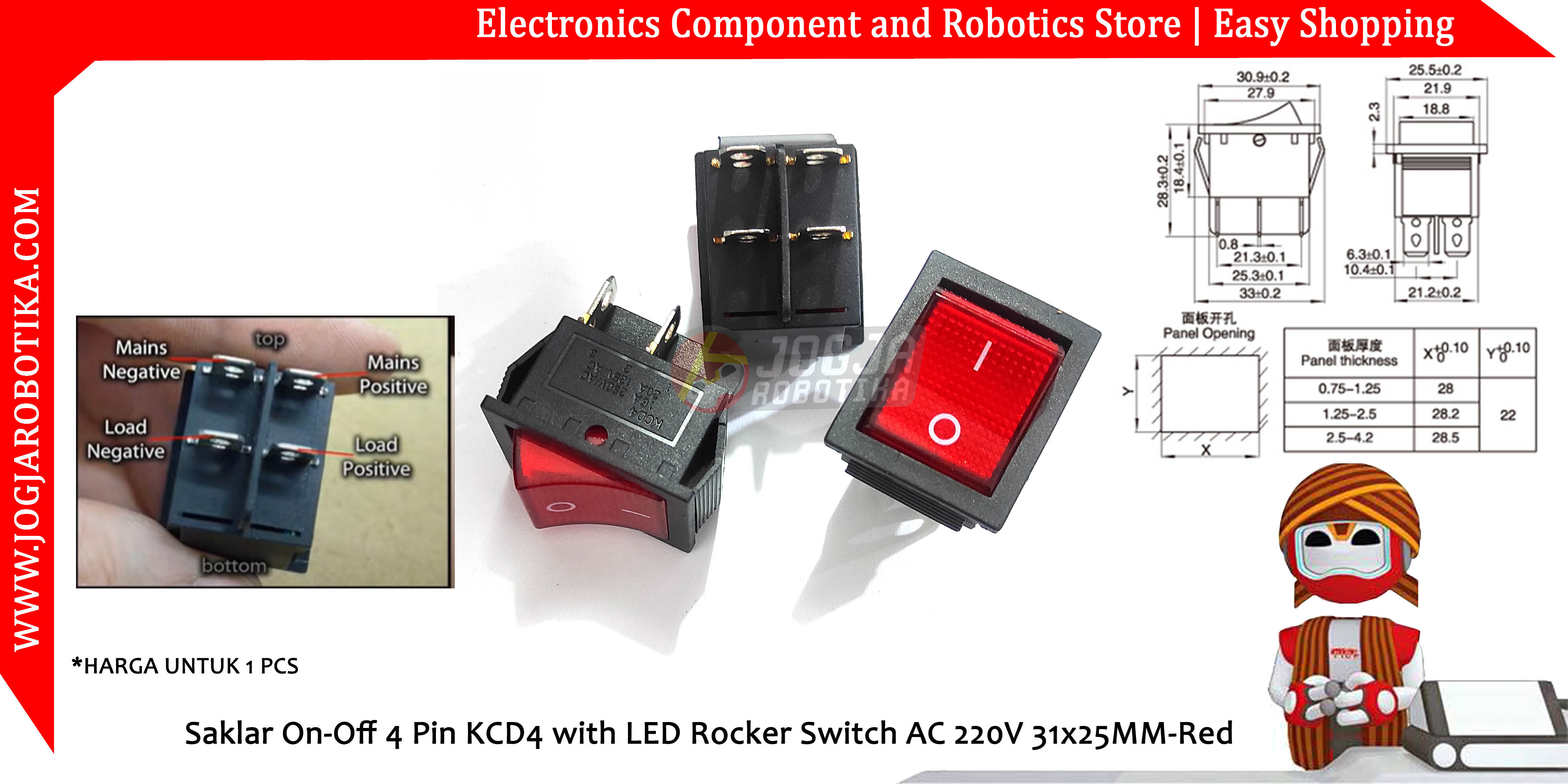Saklar On-Off 4 Pin KCD4 with LED Rocker Switch AC 220V 31x25MM-Red