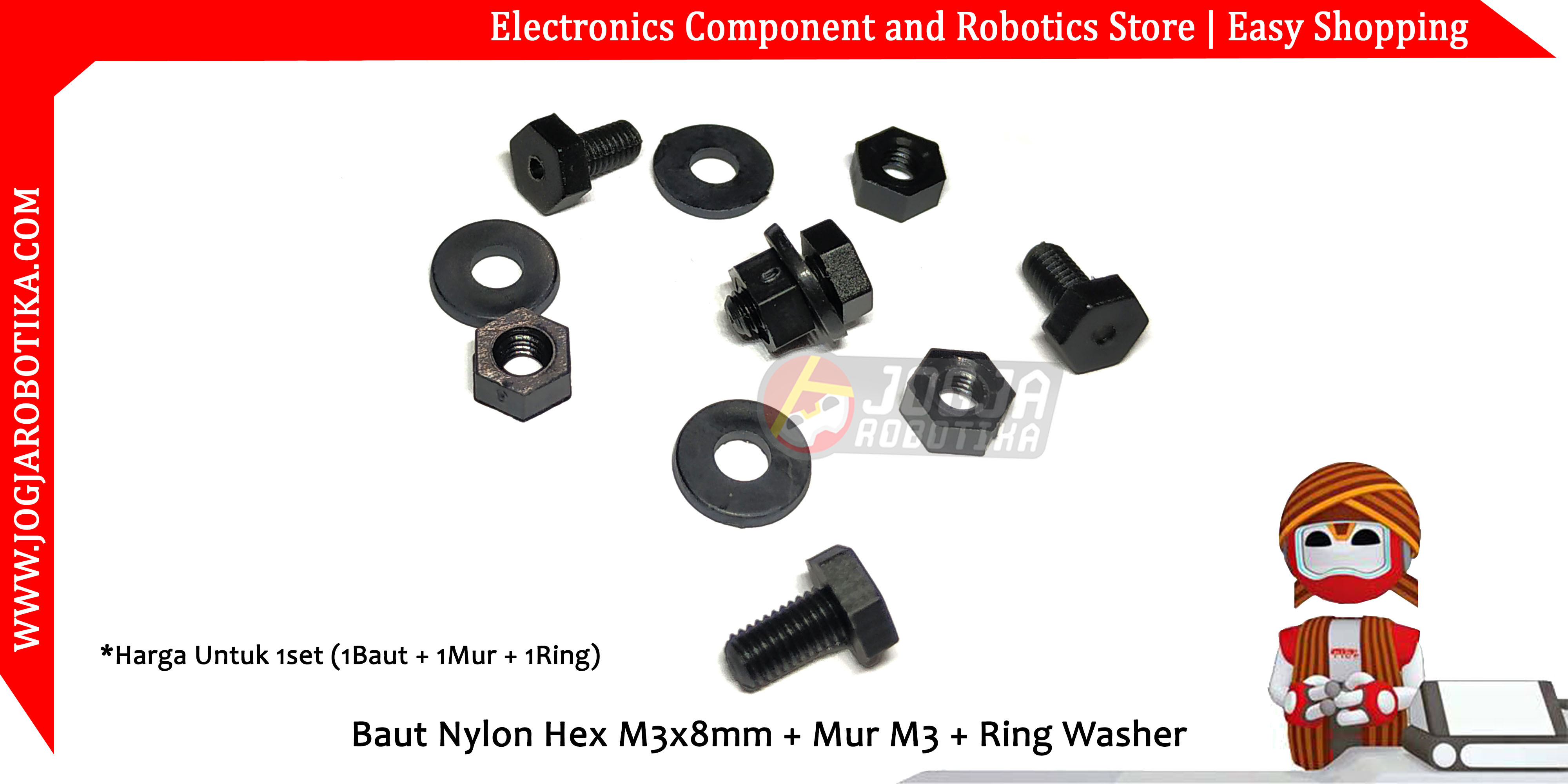 Baut Nylon Hex M3x8mm + Mur M3 + Ring Washer