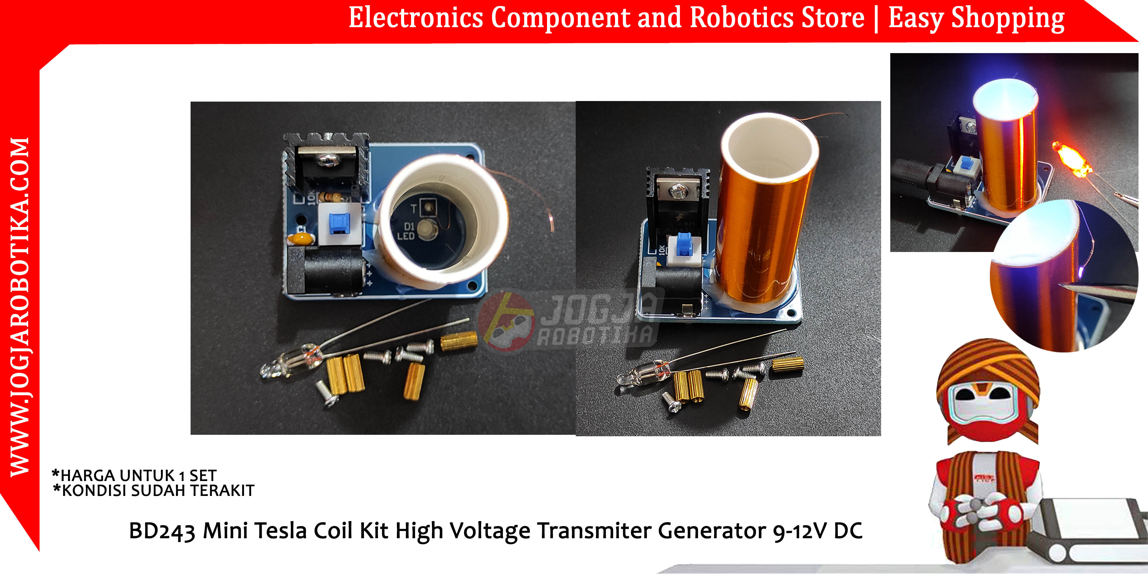 BD243 Mini Tesla Coil Kit High Voltage Transmiter Generator 9-12V DC