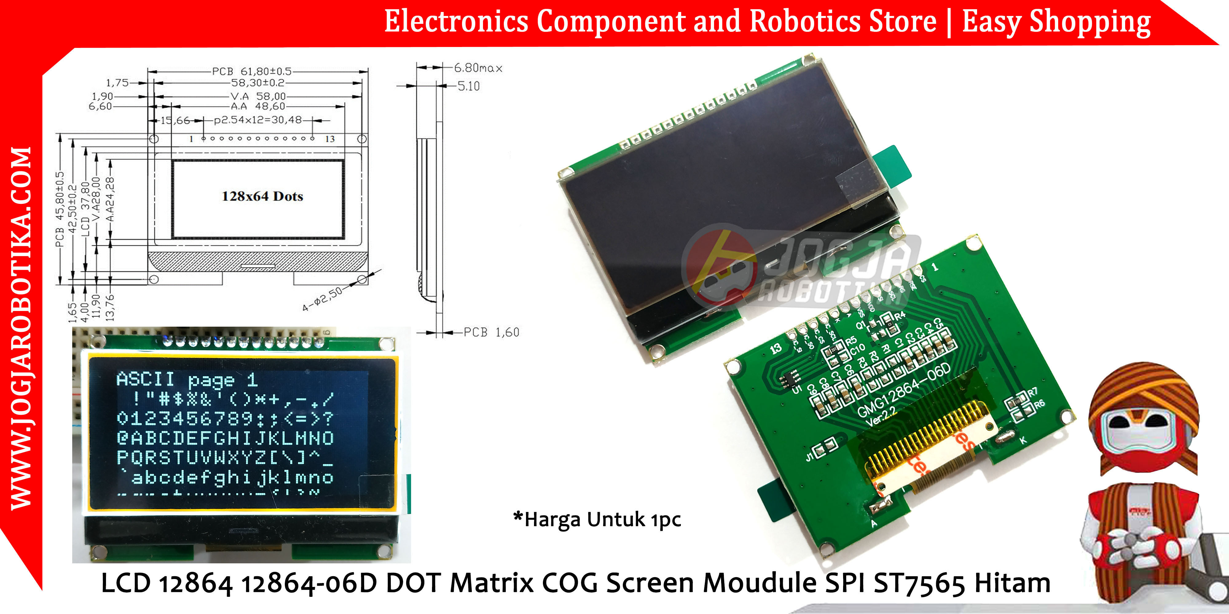 LCD 12864 12864-06D DOT Matrix COG Screen Moudule SPI ST7565 Hitam
