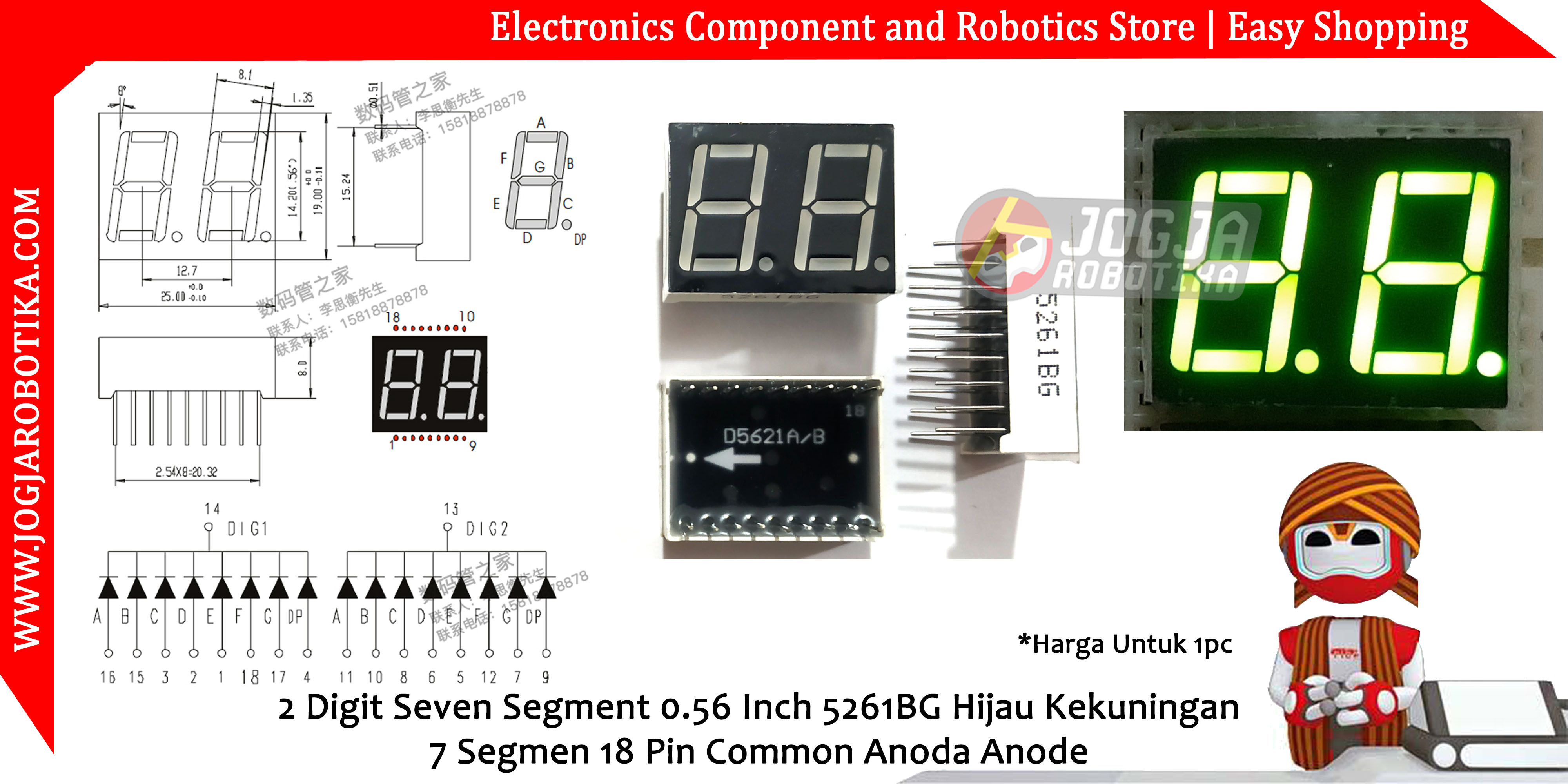 2 Digit Seven Segment 0.56 Inch 5261BG Hijau Kekuningan 7 Segmen 18 Pin ...