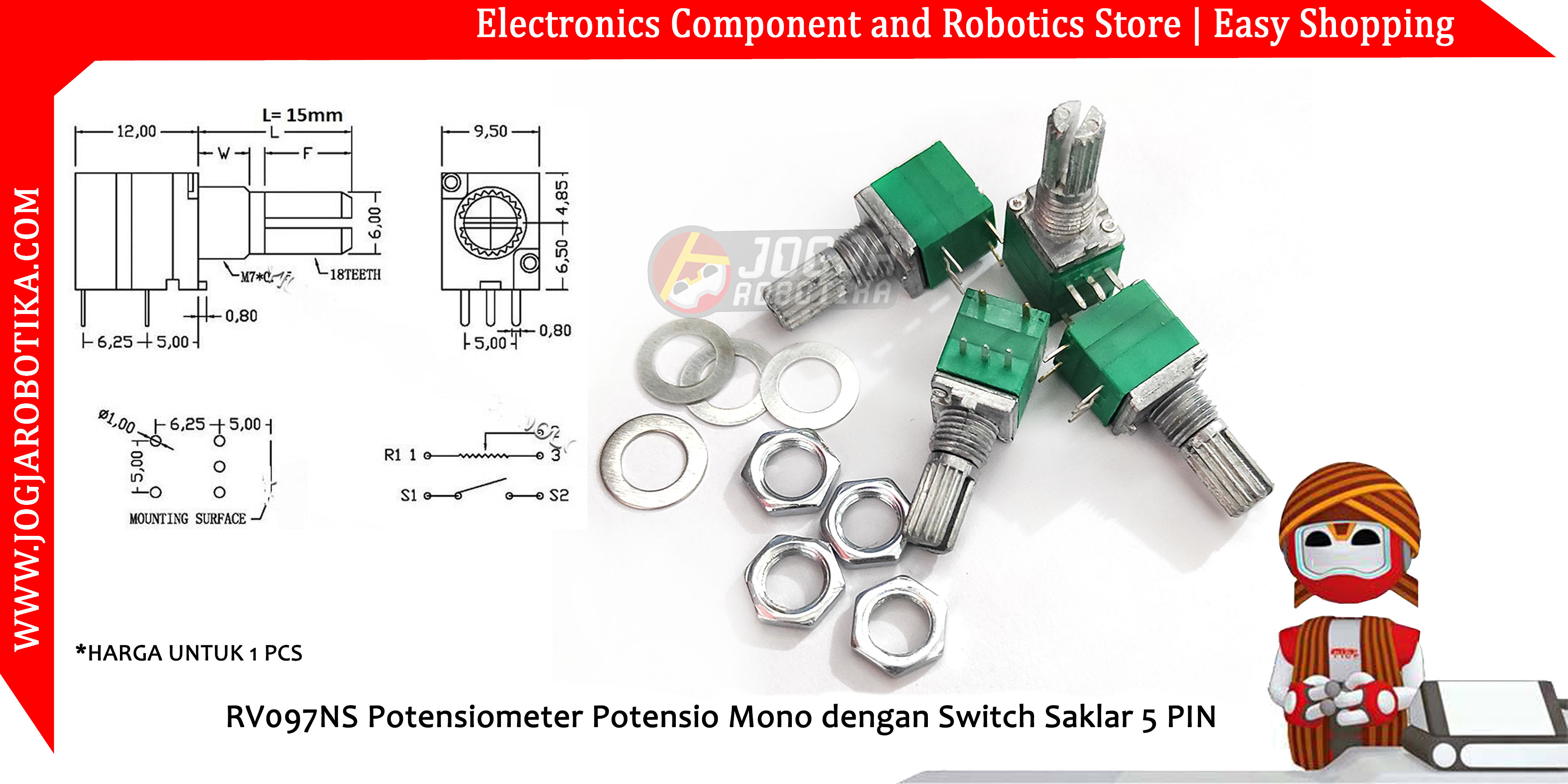 RV097NS Potensiometer Potensio Mono dengan Switch Saklar 5 PIN 50K