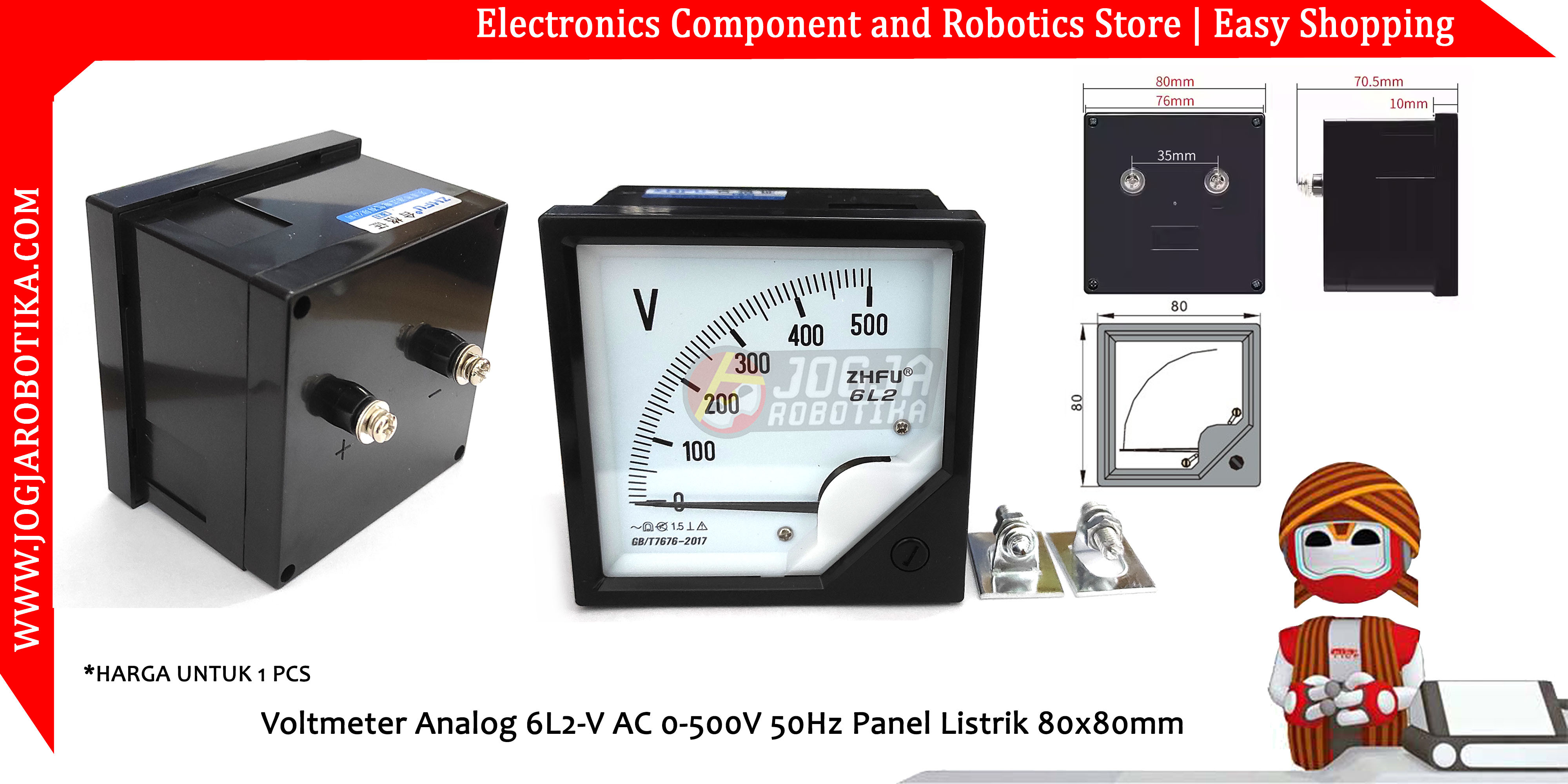 Voltmeter Analog 6l2-V AC 0-500V 50Hz Panel Listrik 80x80mm