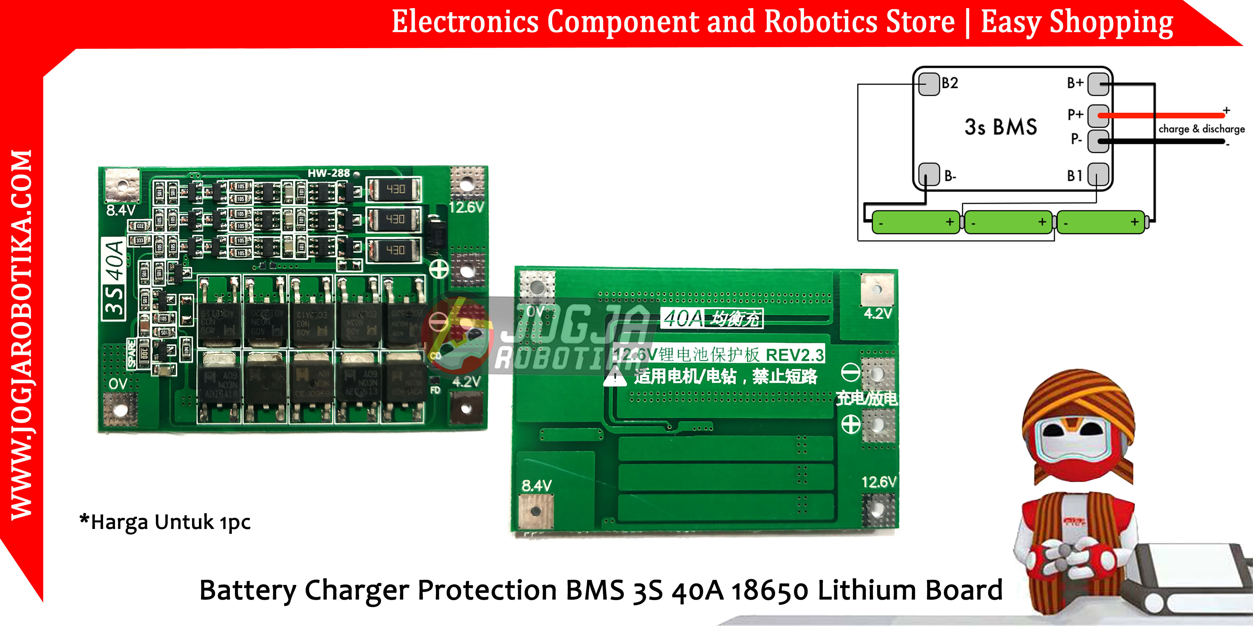 Battery Charger Protection BMS 3S 40A 18650 Lithium Board