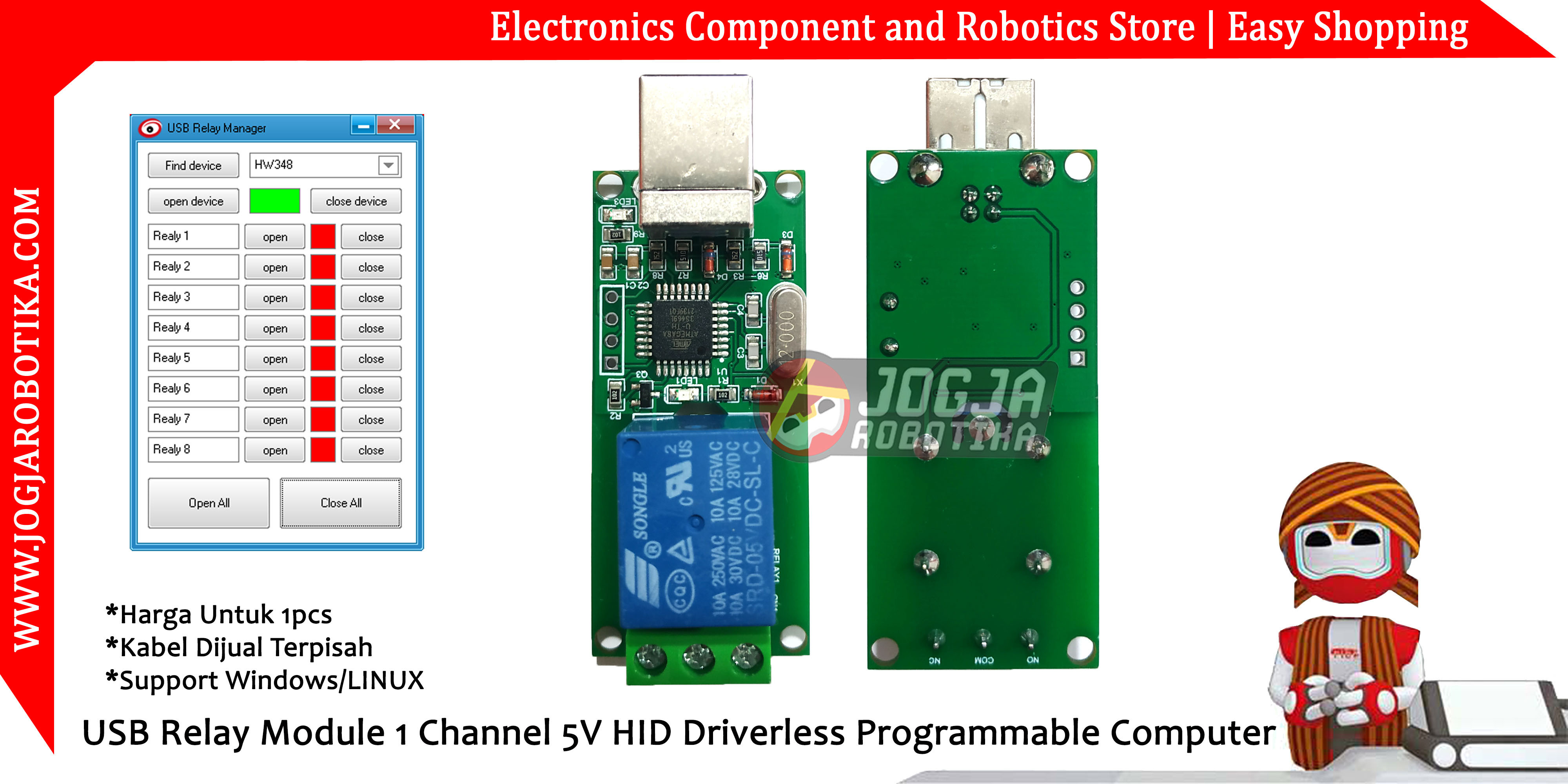 USB Relay Module 1 Channel 5V HID Driverless Programmable Computer