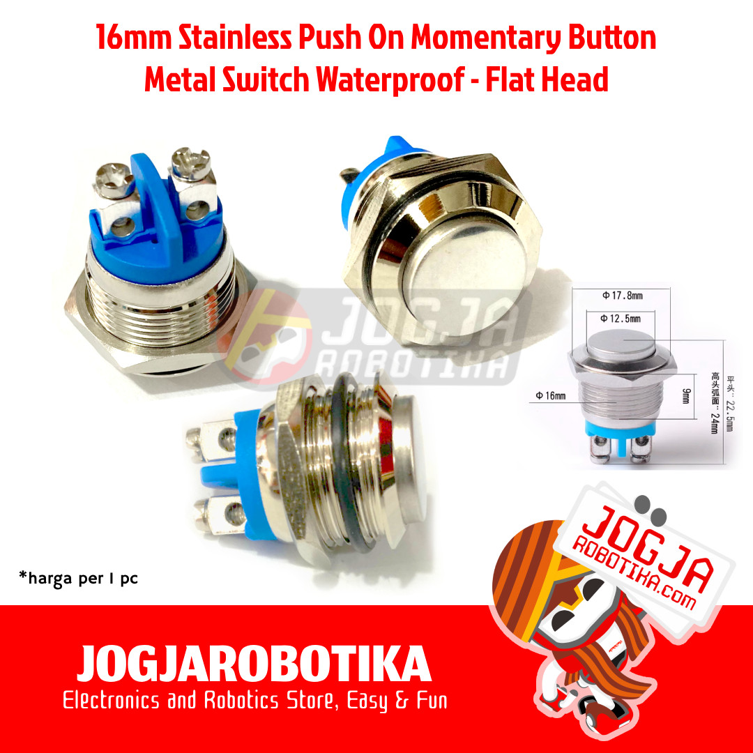 16mm Stainless Push On Momentary Button Flat Head Metal Switch Waterproof
