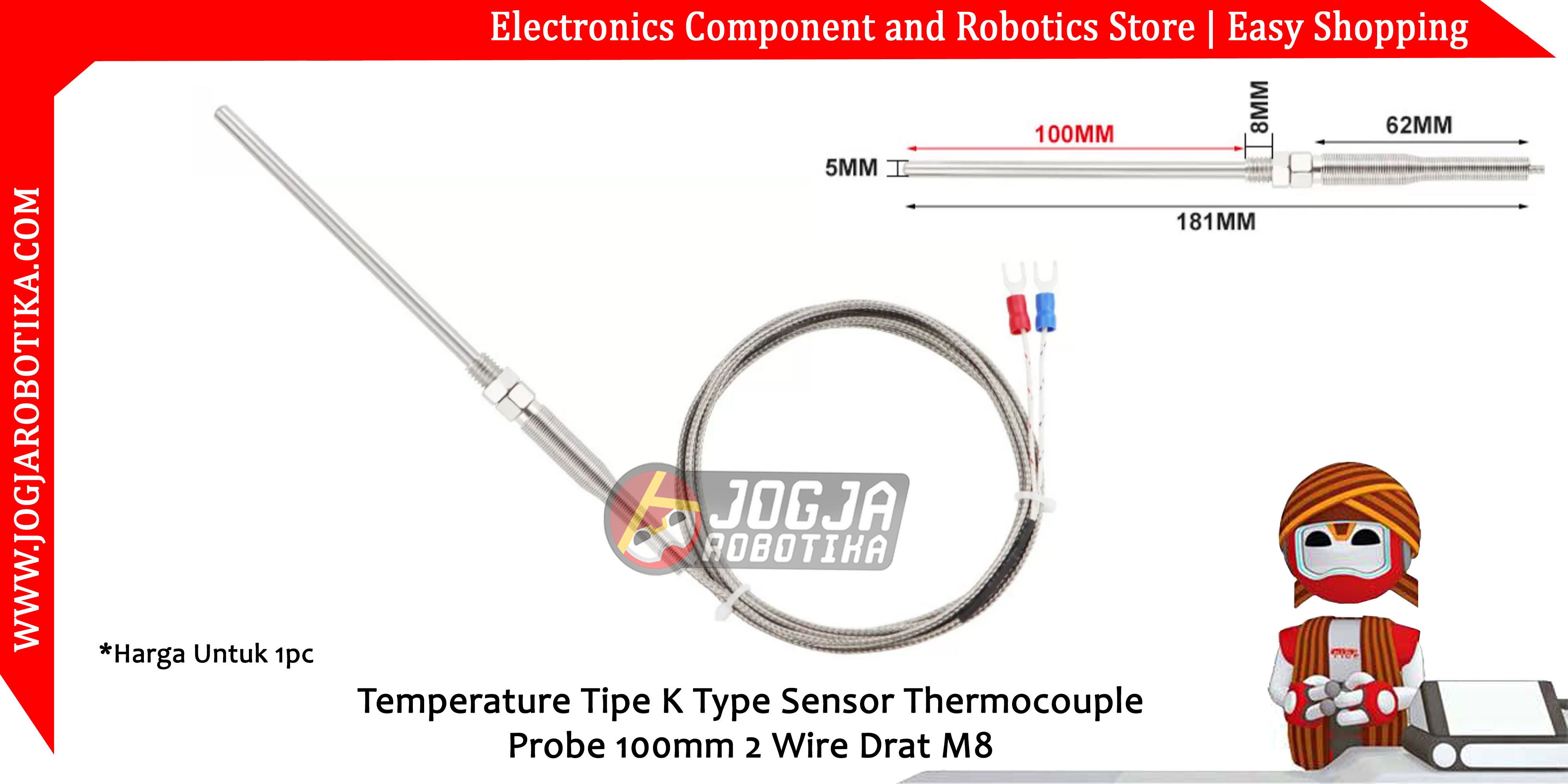 Temperature Tipe K Type Sensor Thermocouple Probe 100mm 2 Wire Drat M8 ...