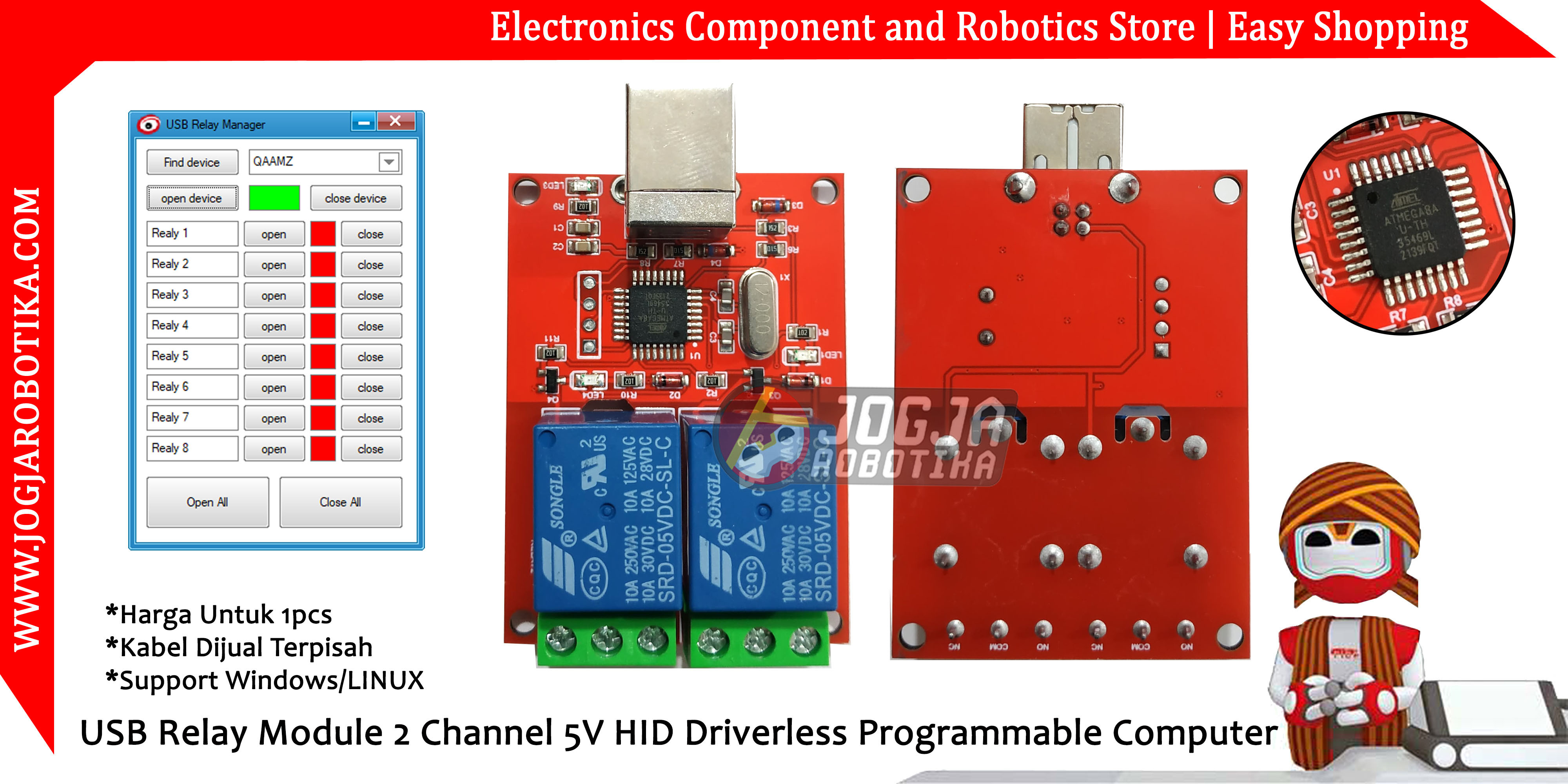USB Relay Module 2 Channel 5V HID Driverless Programmable Computer