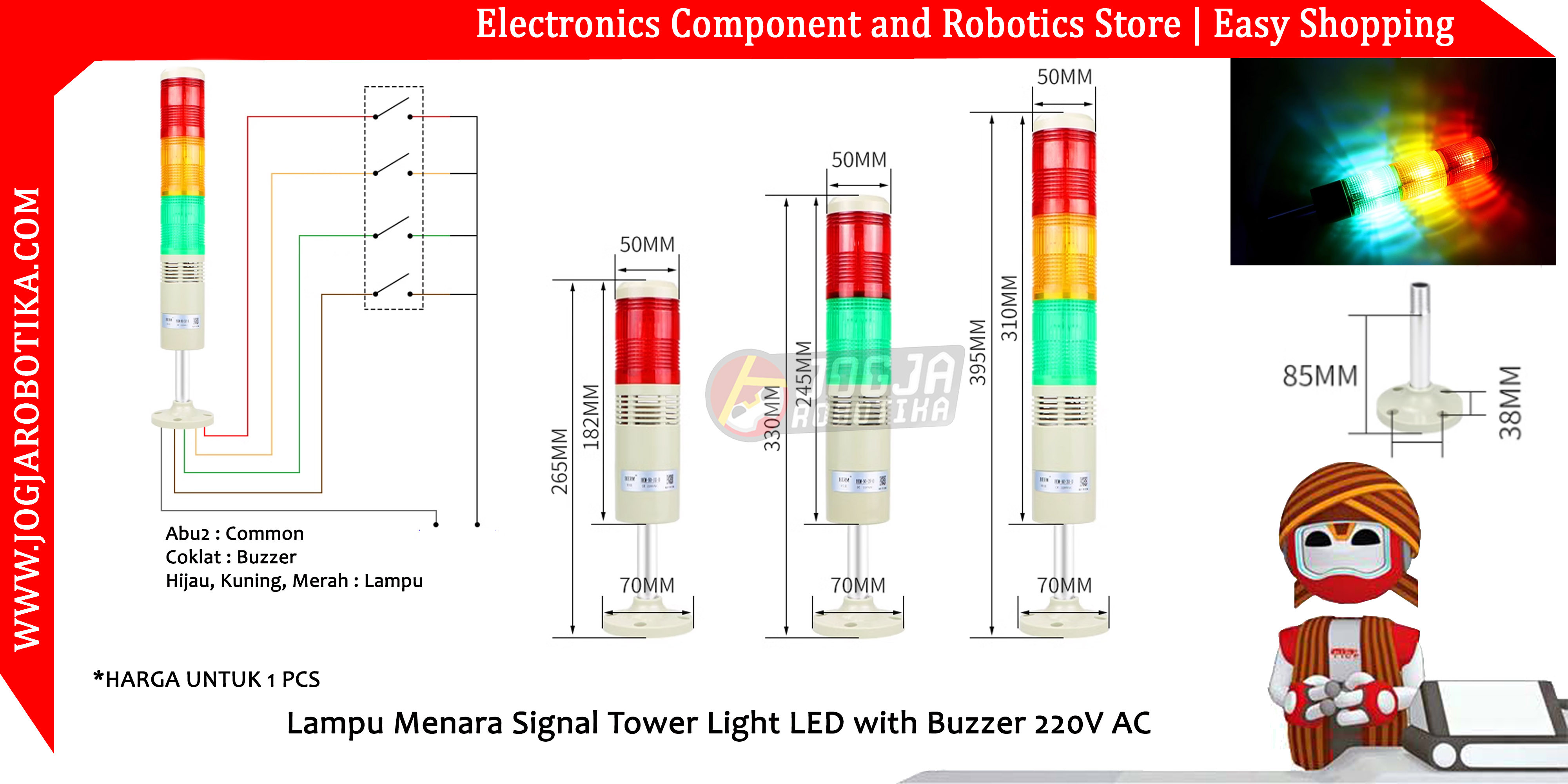 Lampu Menara Signal Tower Light LED with Buzzer 220V AC 3 Lampu