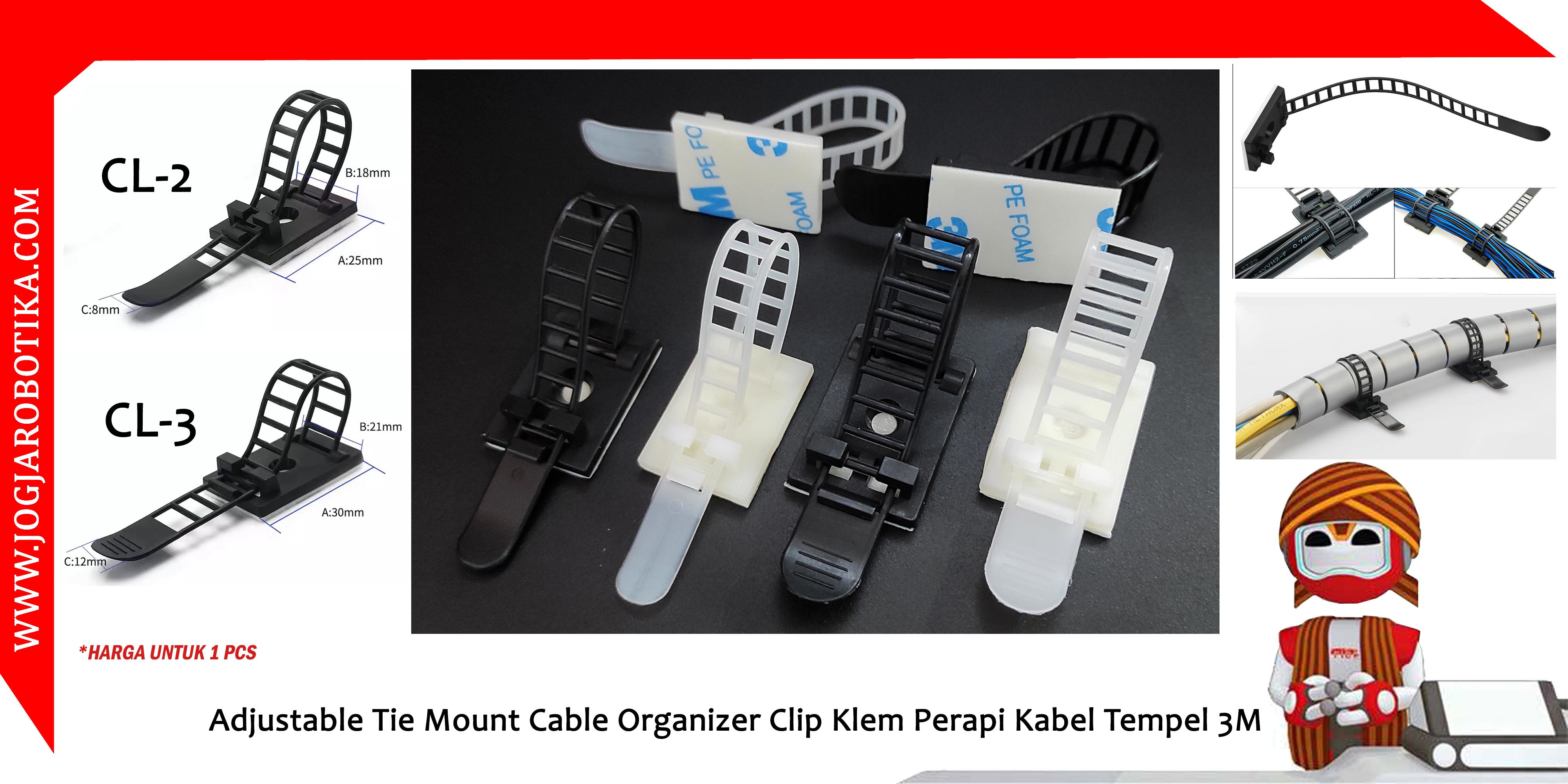 CL-2 White Adjustable Tie Mount Cable Organizer Clip Klem Perapi Kabel ...