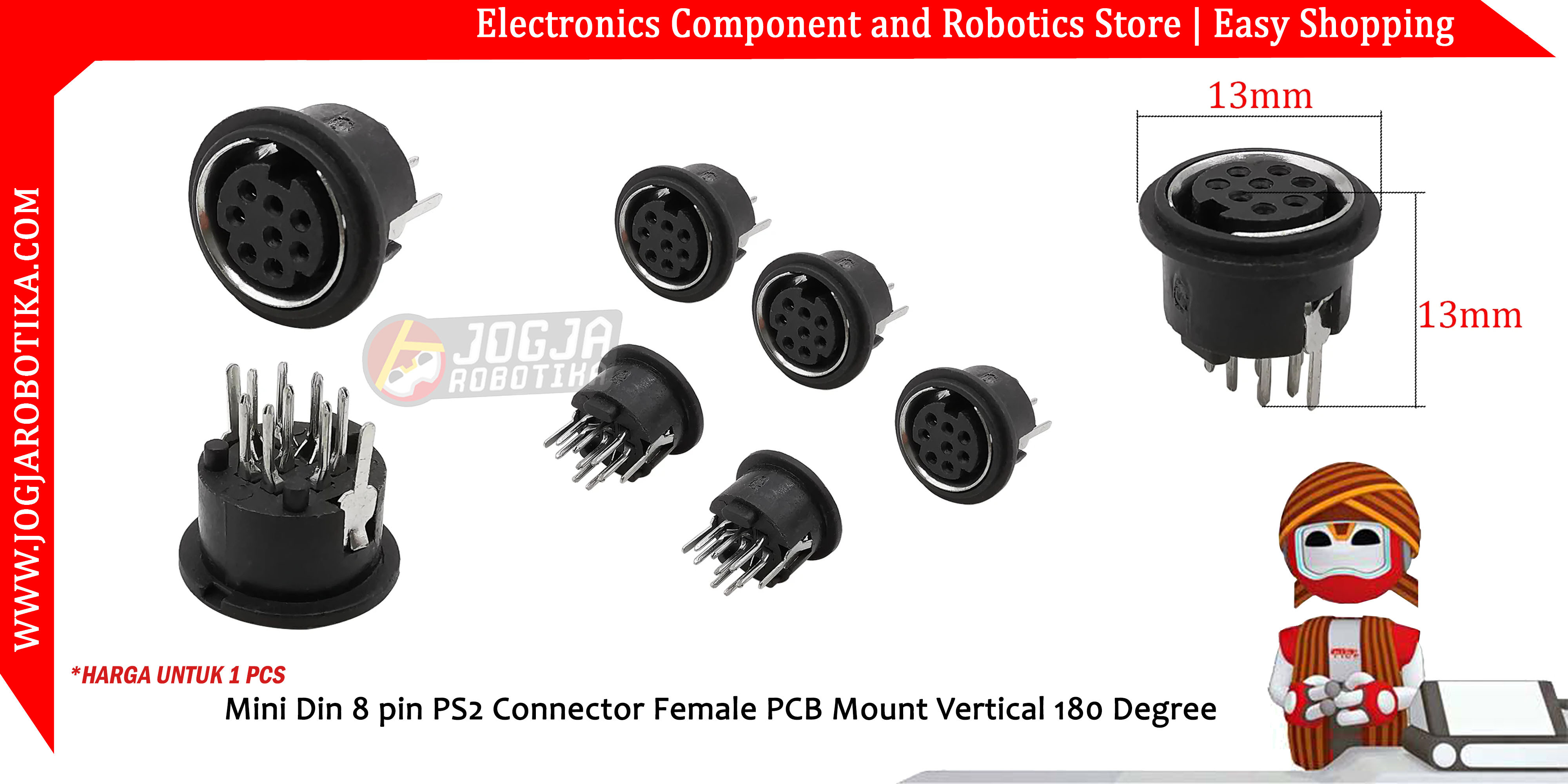 Mini Din 8 pin PS2 Connector Female PCB Mount Vertical 180 Degree