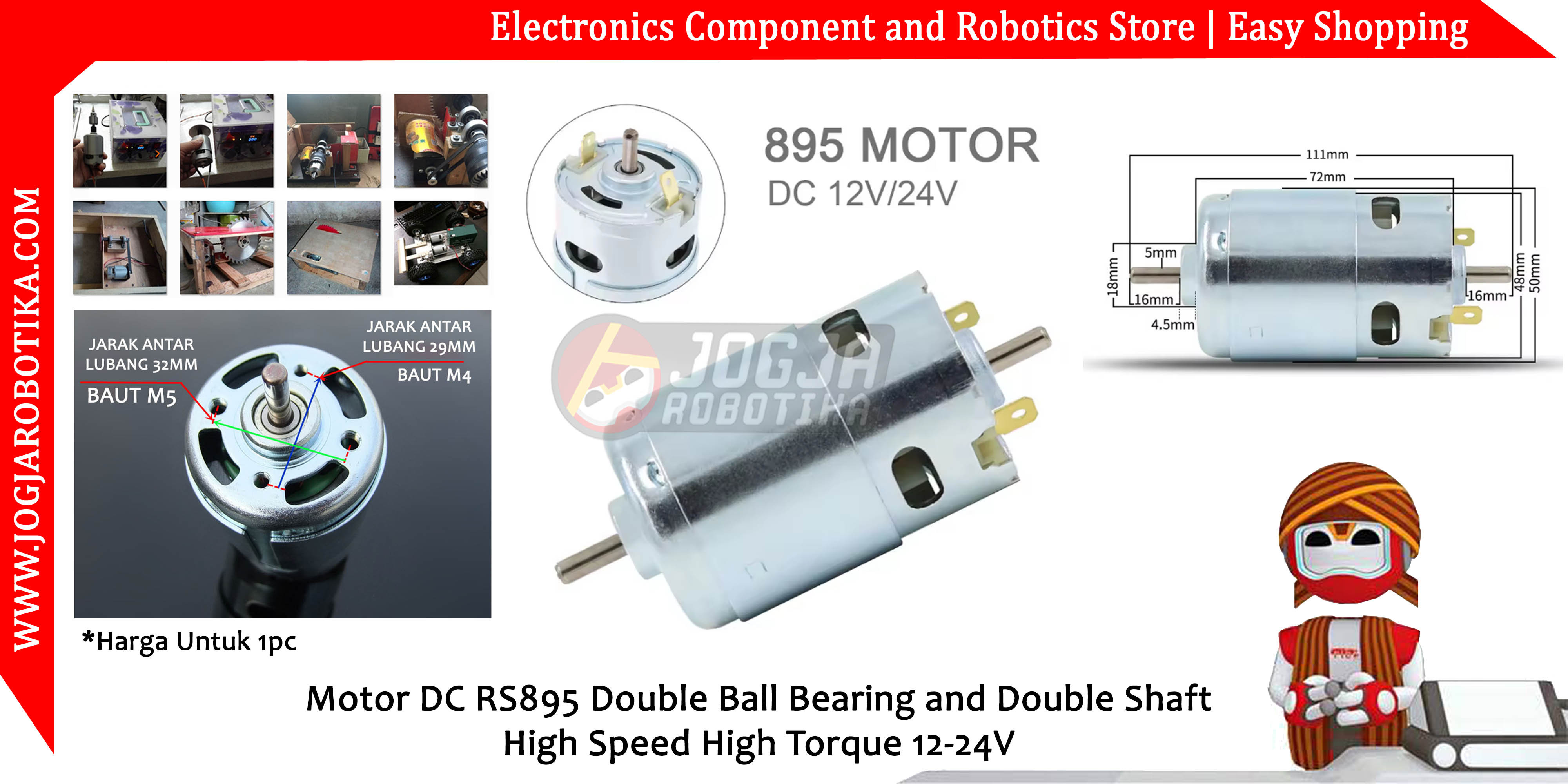 Motor DC RS895 Double Ball Bearing and Double Shaft High Speed High ...