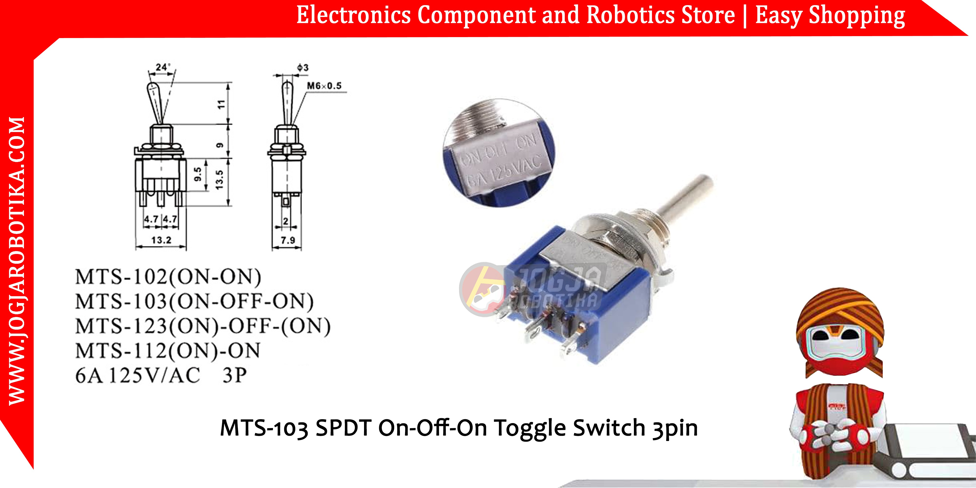 Jual MTS-103 SPDT On-Off-On Toggle Switch 3pin