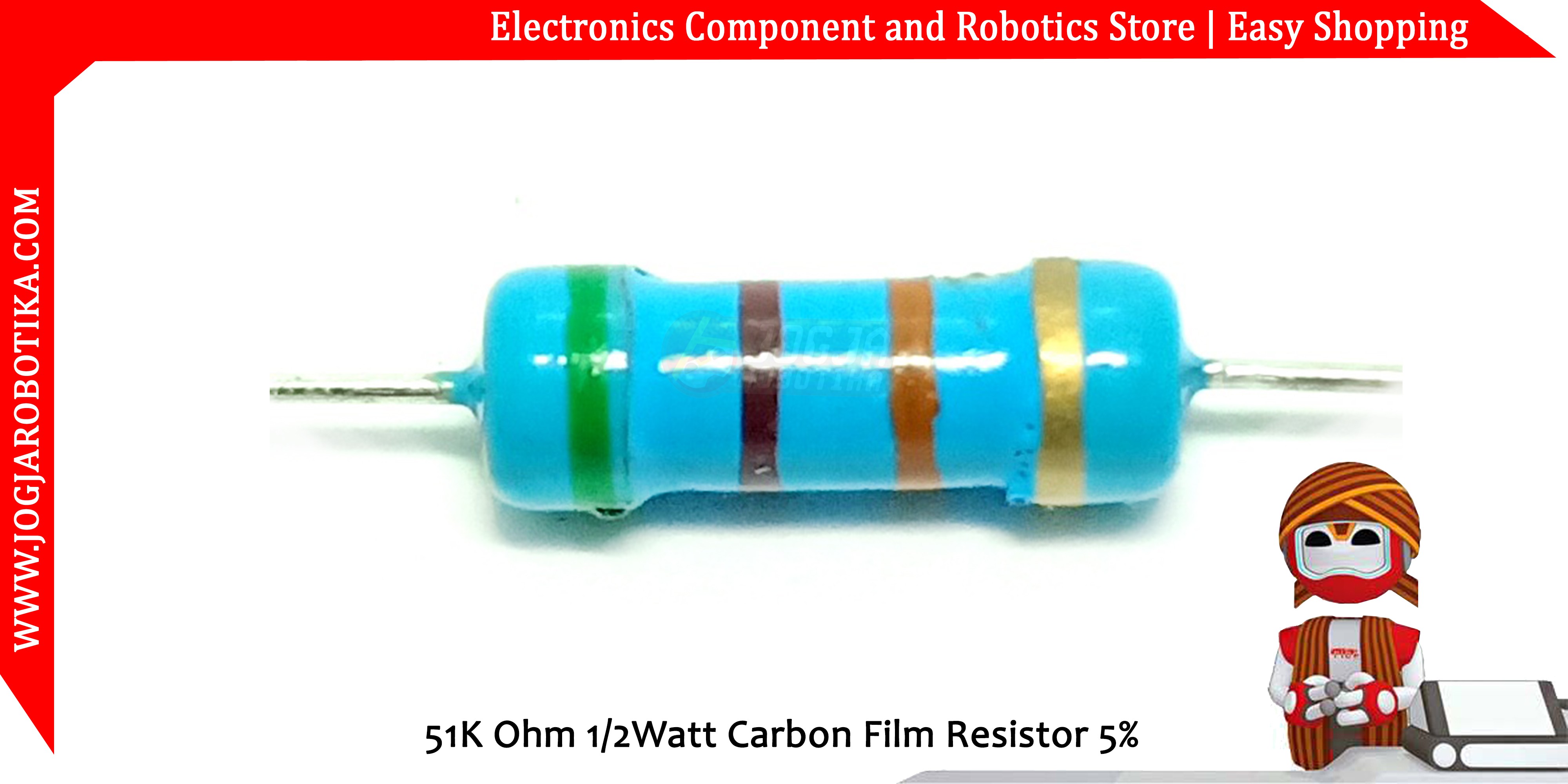 Jual 51K Ohm 1/2Watt Carbon Film Resistor