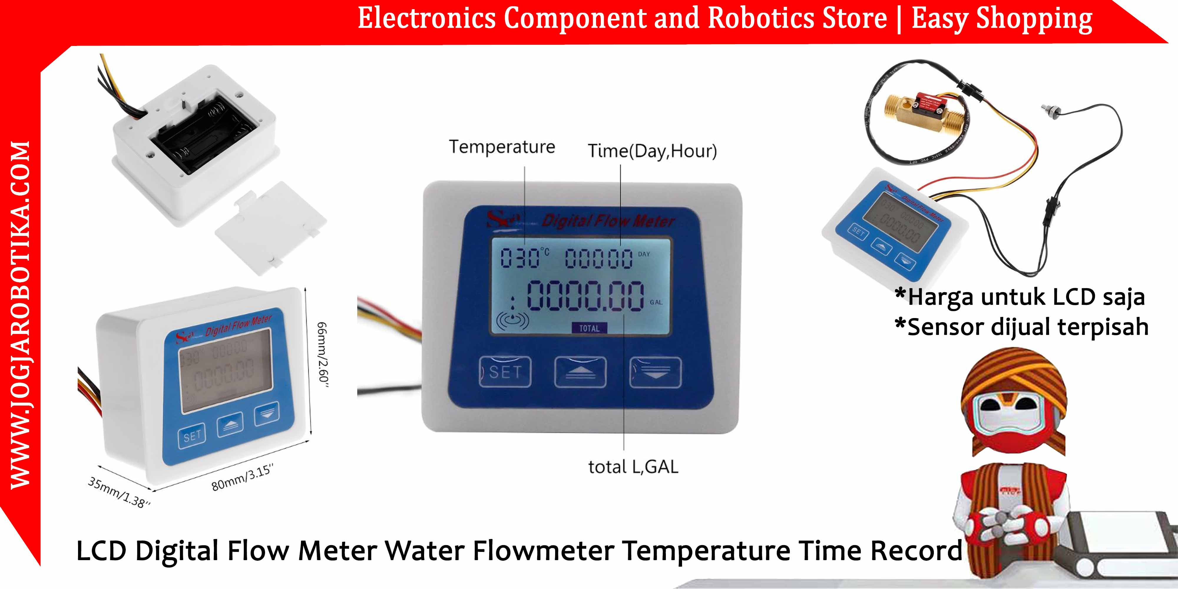 LCD Digital Flow Meter Water Flowmeter Temperature Time Record - Toko ...