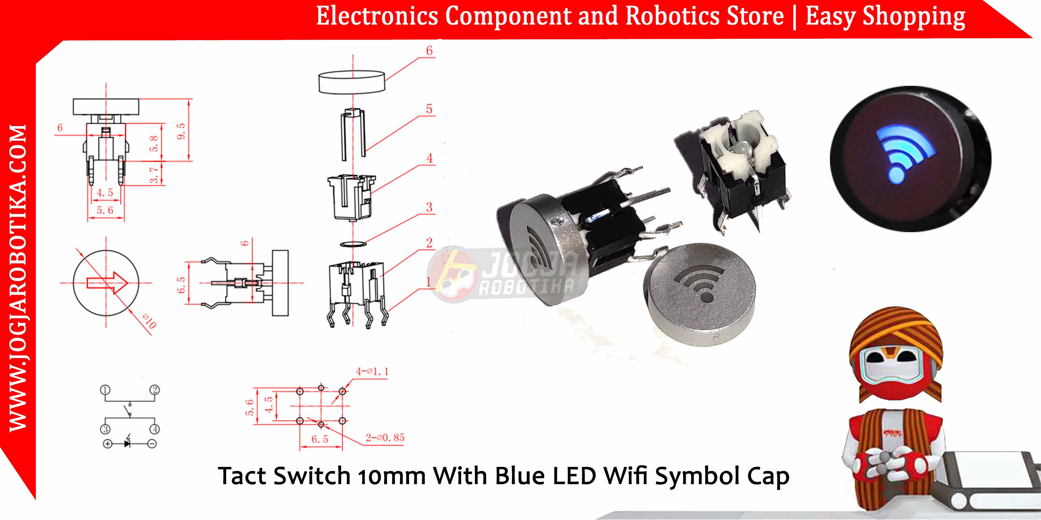 Tact Switch 10mm With Blue LED Wifi Symbol Cap