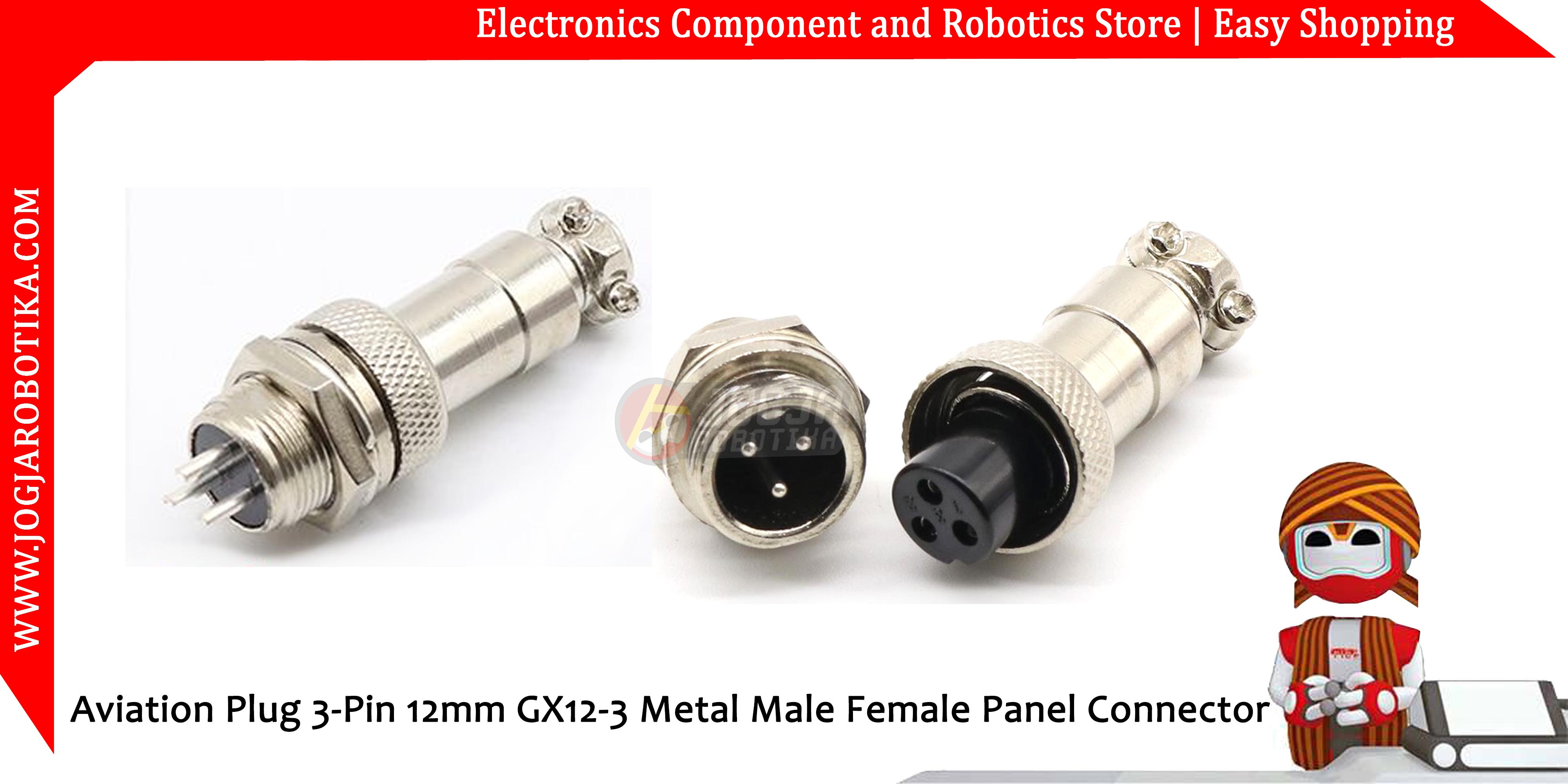 jual Aviation Plug 3-Pin 12mm GX12-3 Metal Male Female Panel Connector
