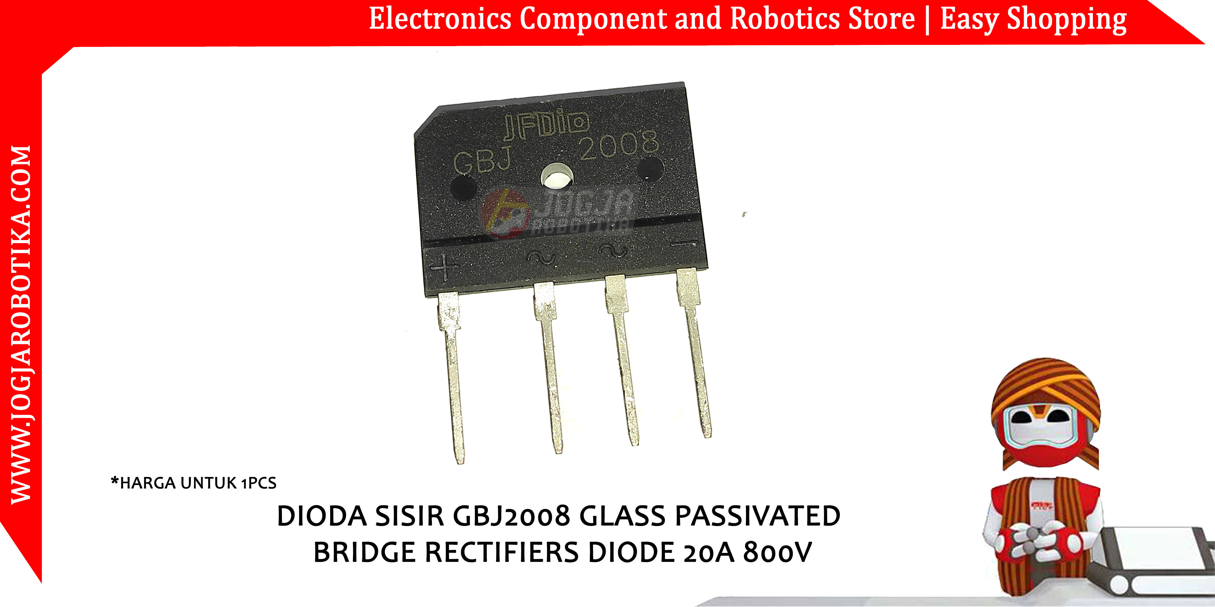 DIODA SISIR GBJ2008 GLASS PASSIVATED BRIDGE RECTIFIERS DIODE 20A 800V
