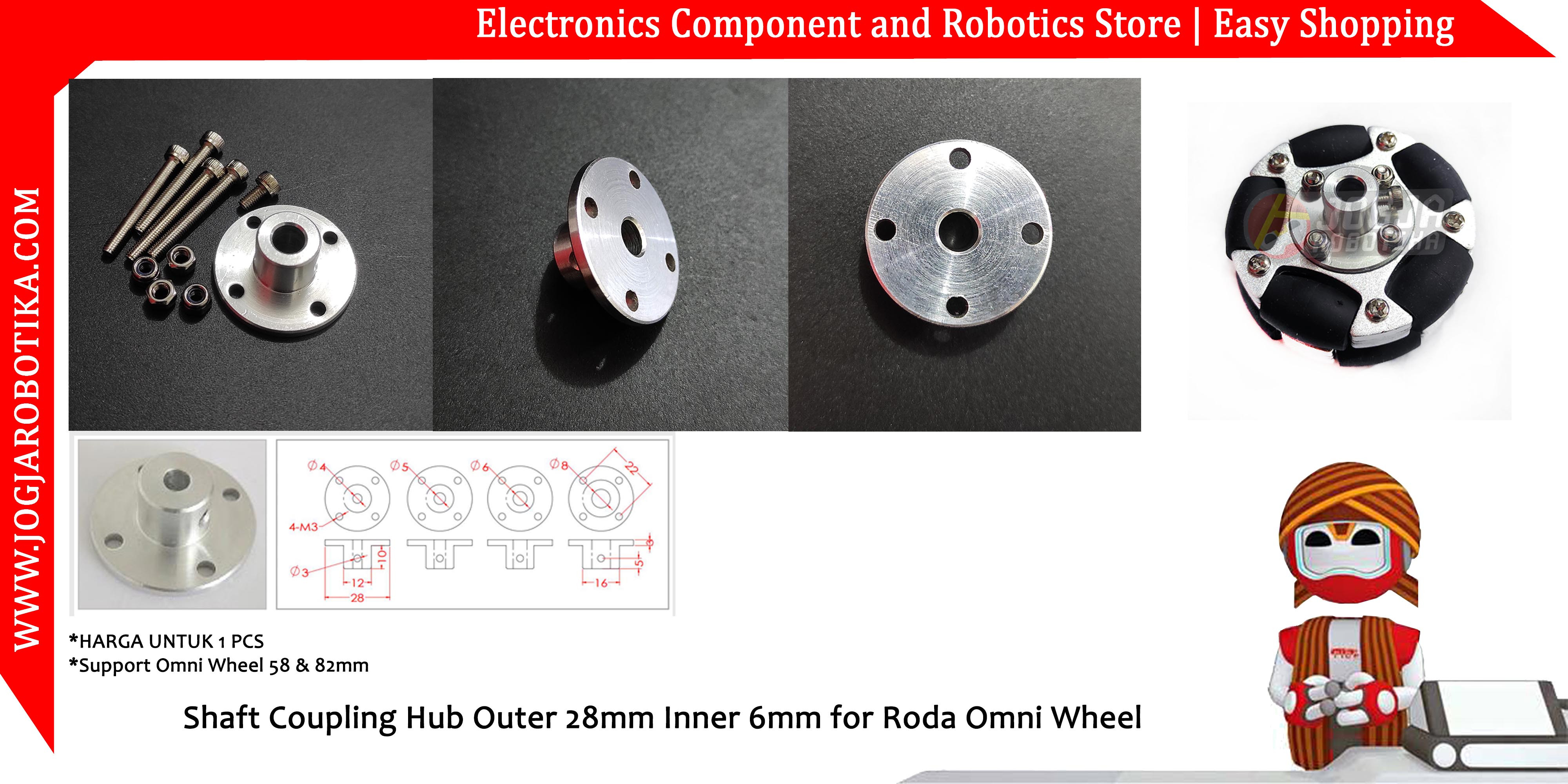 Shaft Coupling Hub Outer 28mm Inner 6mm for Roda Omni Wheel