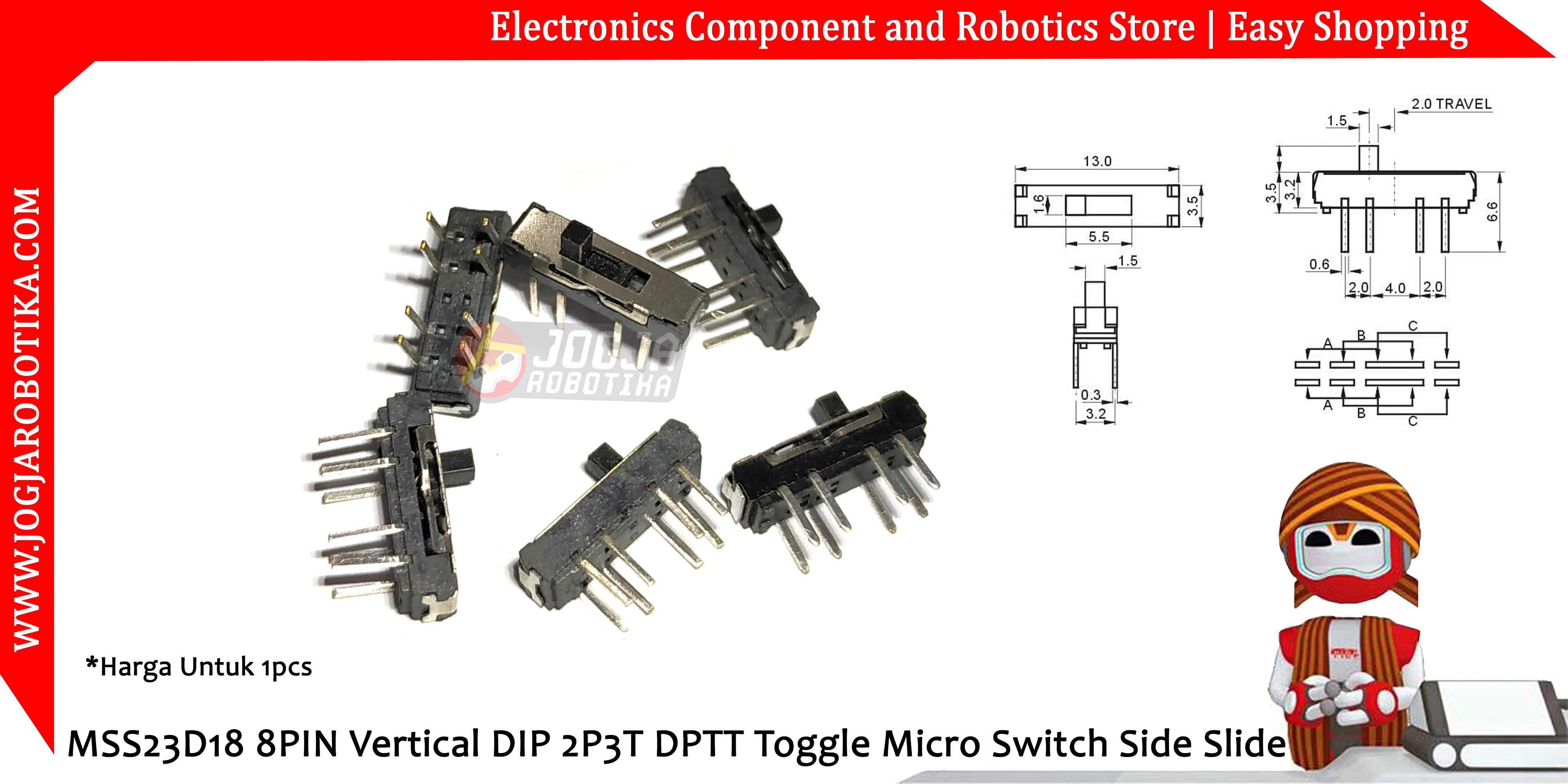 Jual MSS23D18 8PIN Vertical DIP 2P3T DPTT Toggle Micro Switch Side Slide