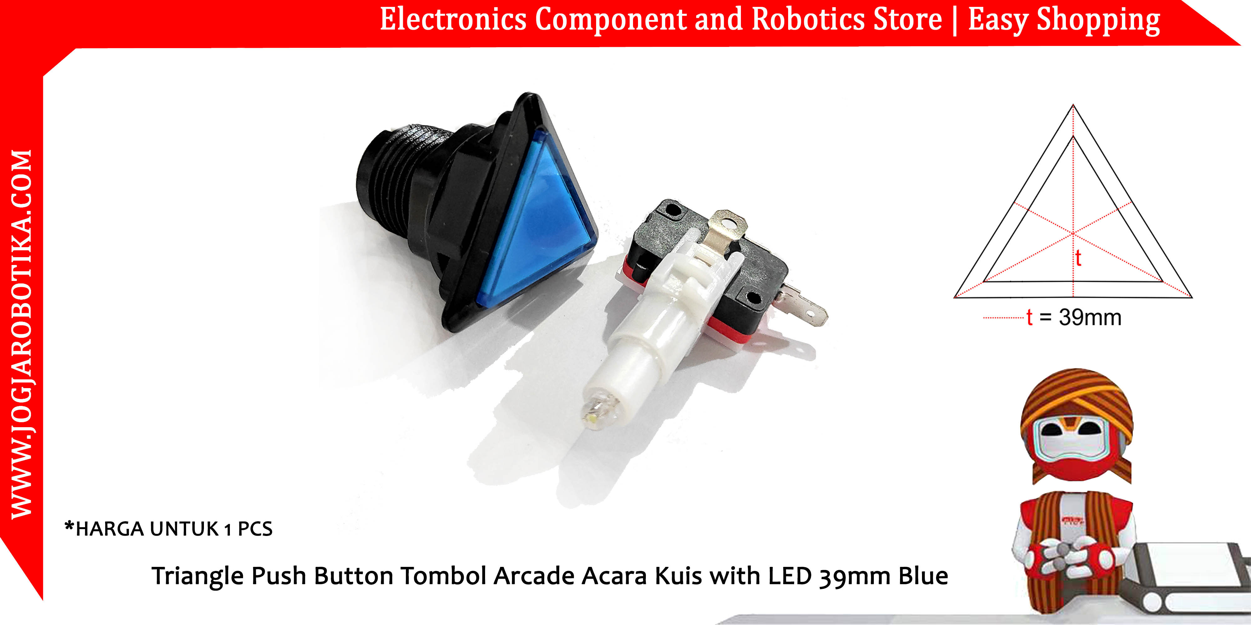 Triangle Push Button Tombol Arcade Acara Kuis with LED 39mm Blue