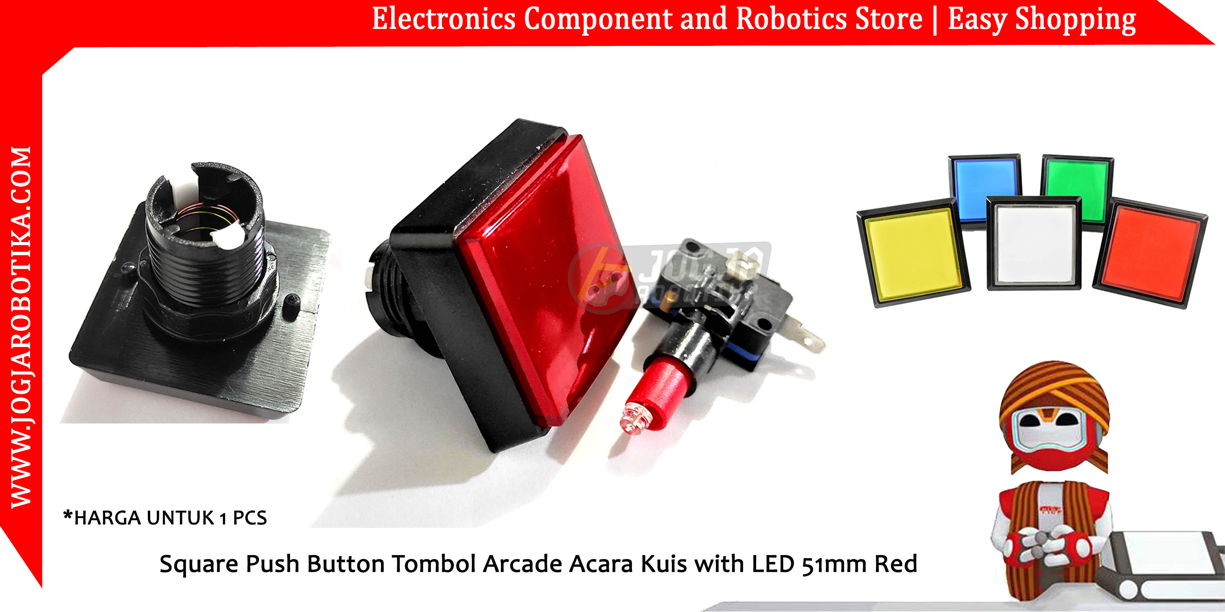 Square Push Button Tombol Arcade Acara Kuis with LED 51mm Red