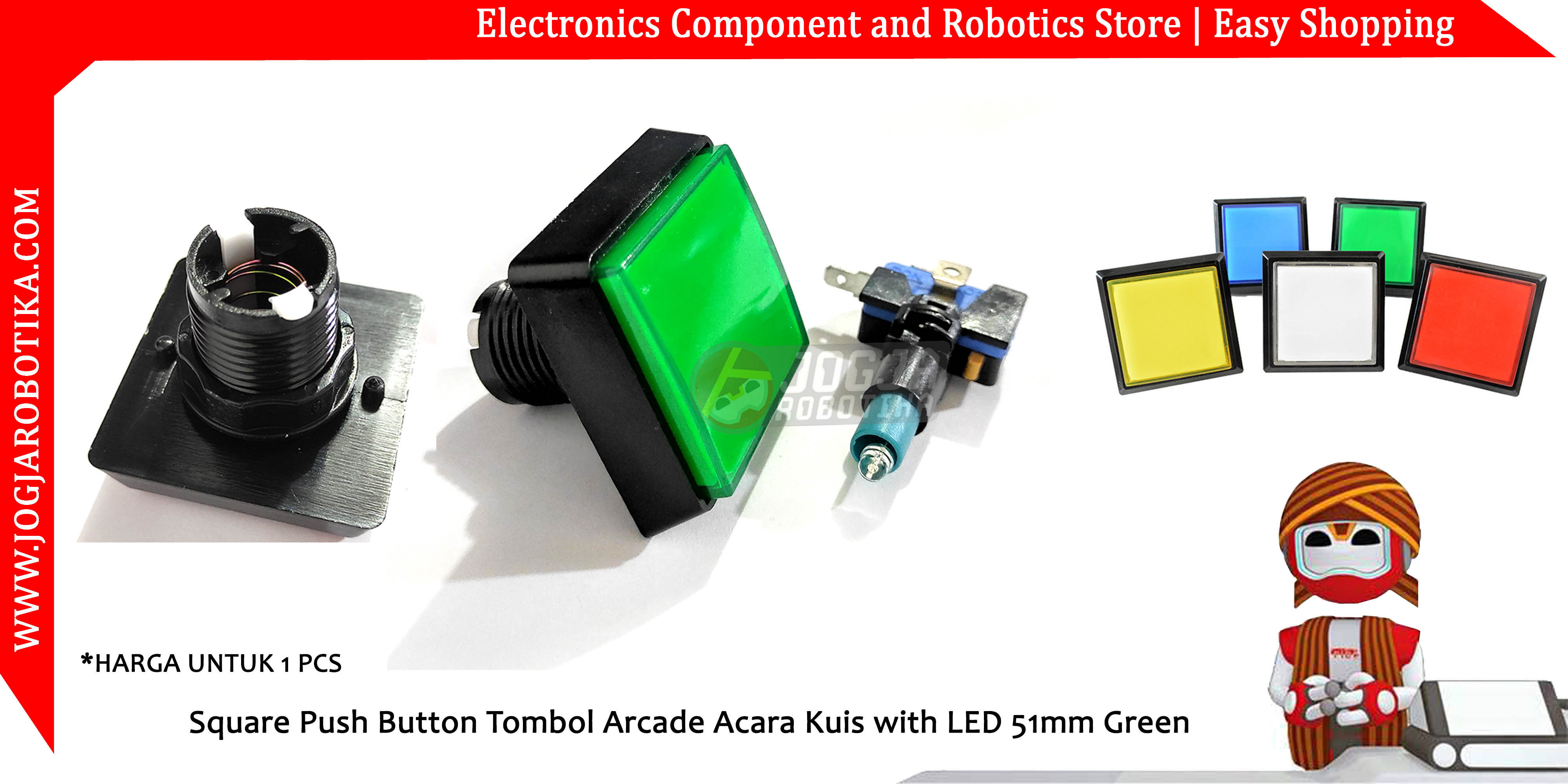 Square Push Button Tombol Arcade Acara Kuis with LED 51mm Green