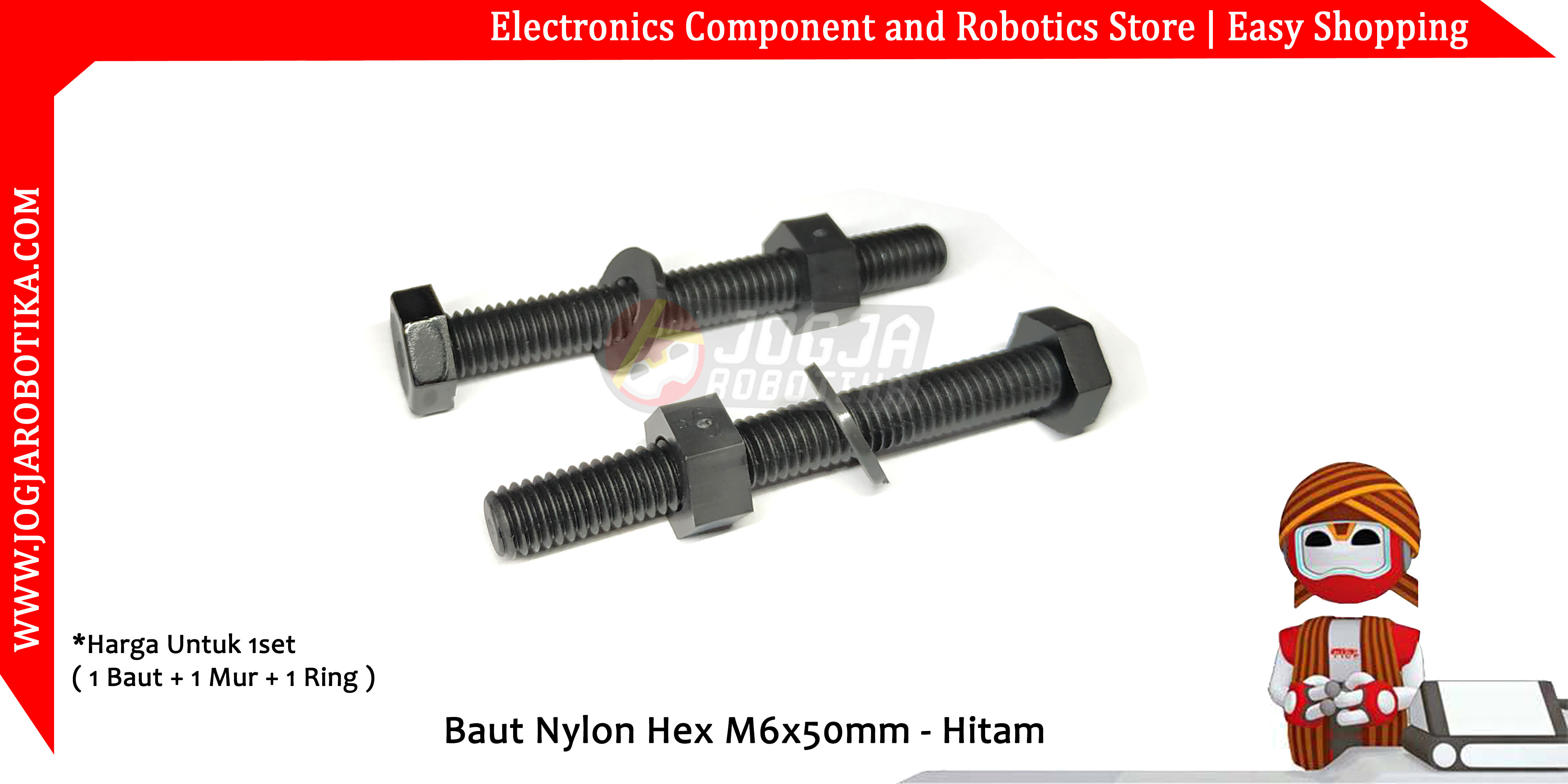 Baut Nylon Hex M6x50mm + Mur M6 + Ring Washer